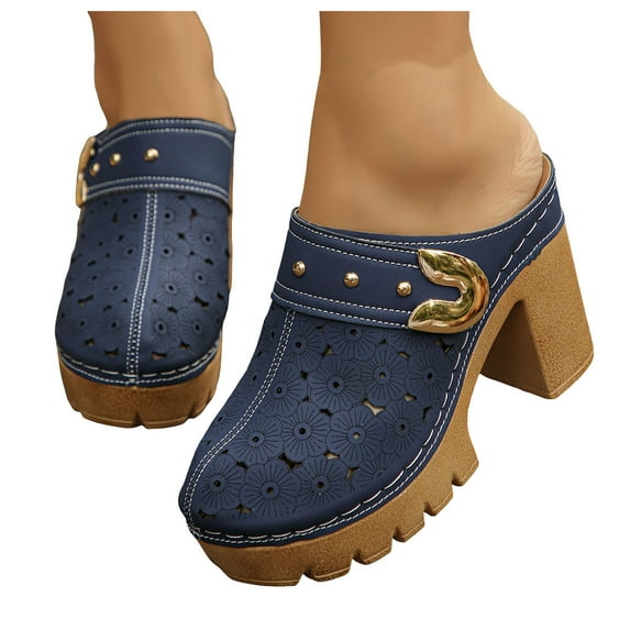 Dakaela Clogs for Women Chunky High Heel Slip on Mules Closed Round Toe ...