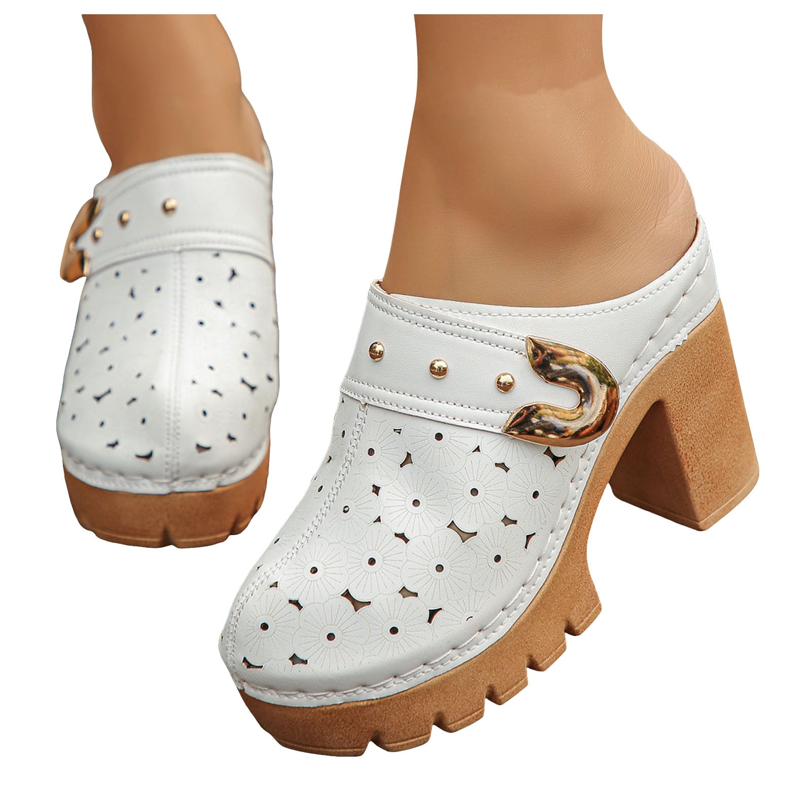 Dakaela Clogs for Women Chunky High Heel Slip on Mules Closed Round Toe ...