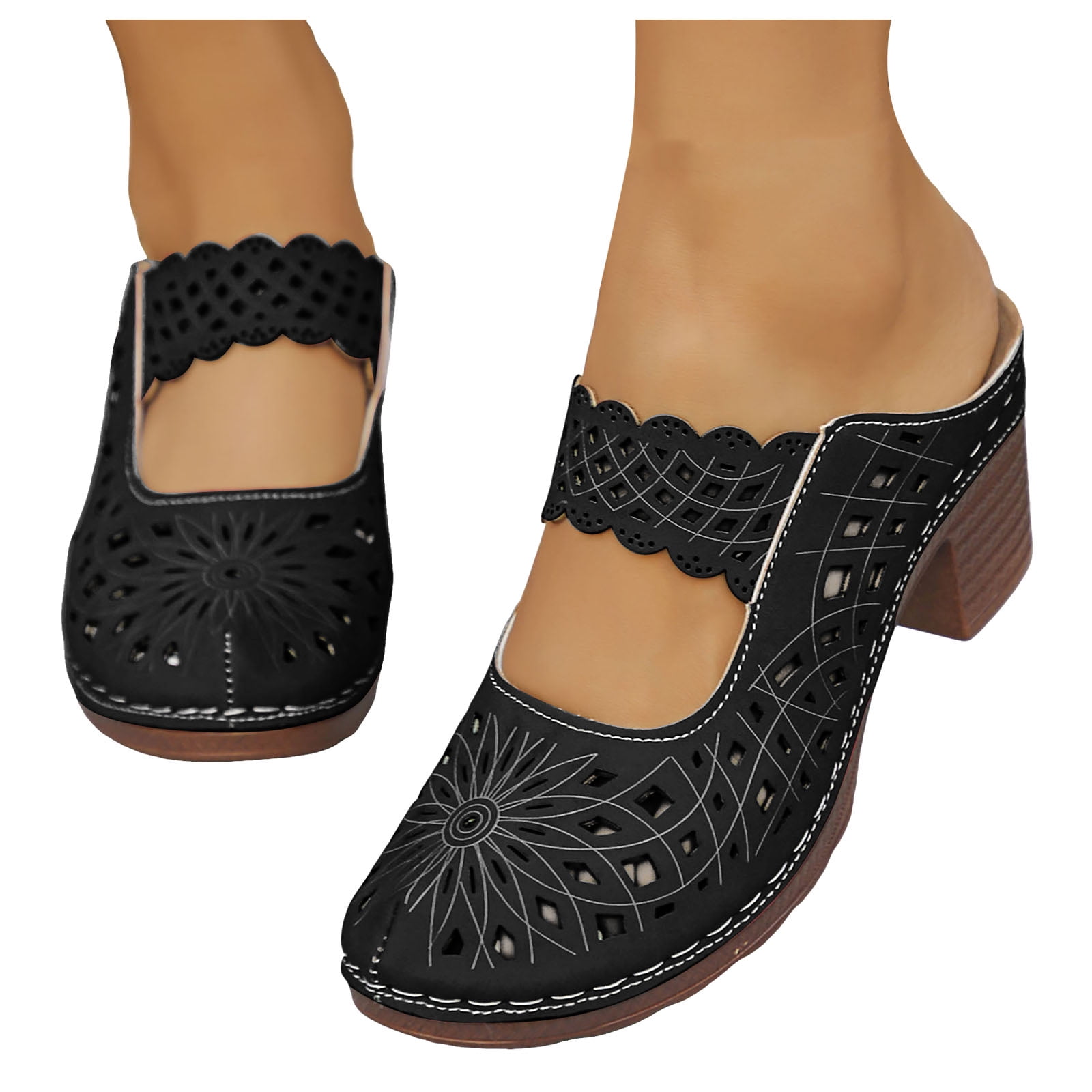 Dakaela Clogs for Women Closed Toe Chunky Heels Mules Cutout Hollow ...