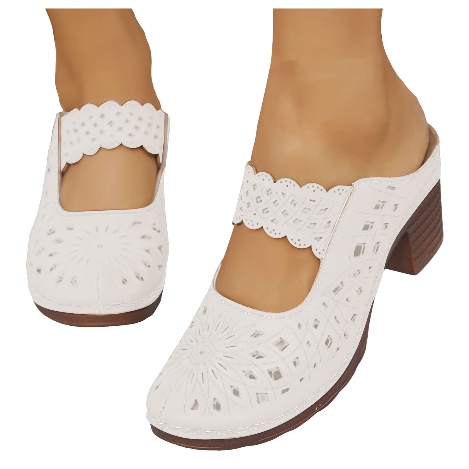 Dakaela Clogs for Women Closed Toe Chunky Heels Mules Cutout Hollow ...