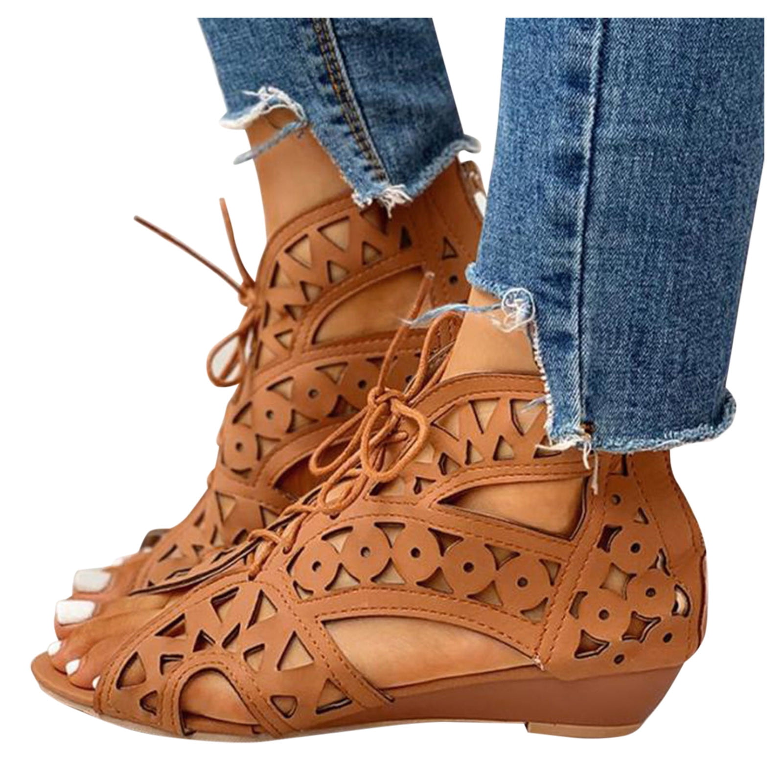 Dakaela Cutout Ankle Booties Sandals Lace up Low Wedge Walking Shoes ...