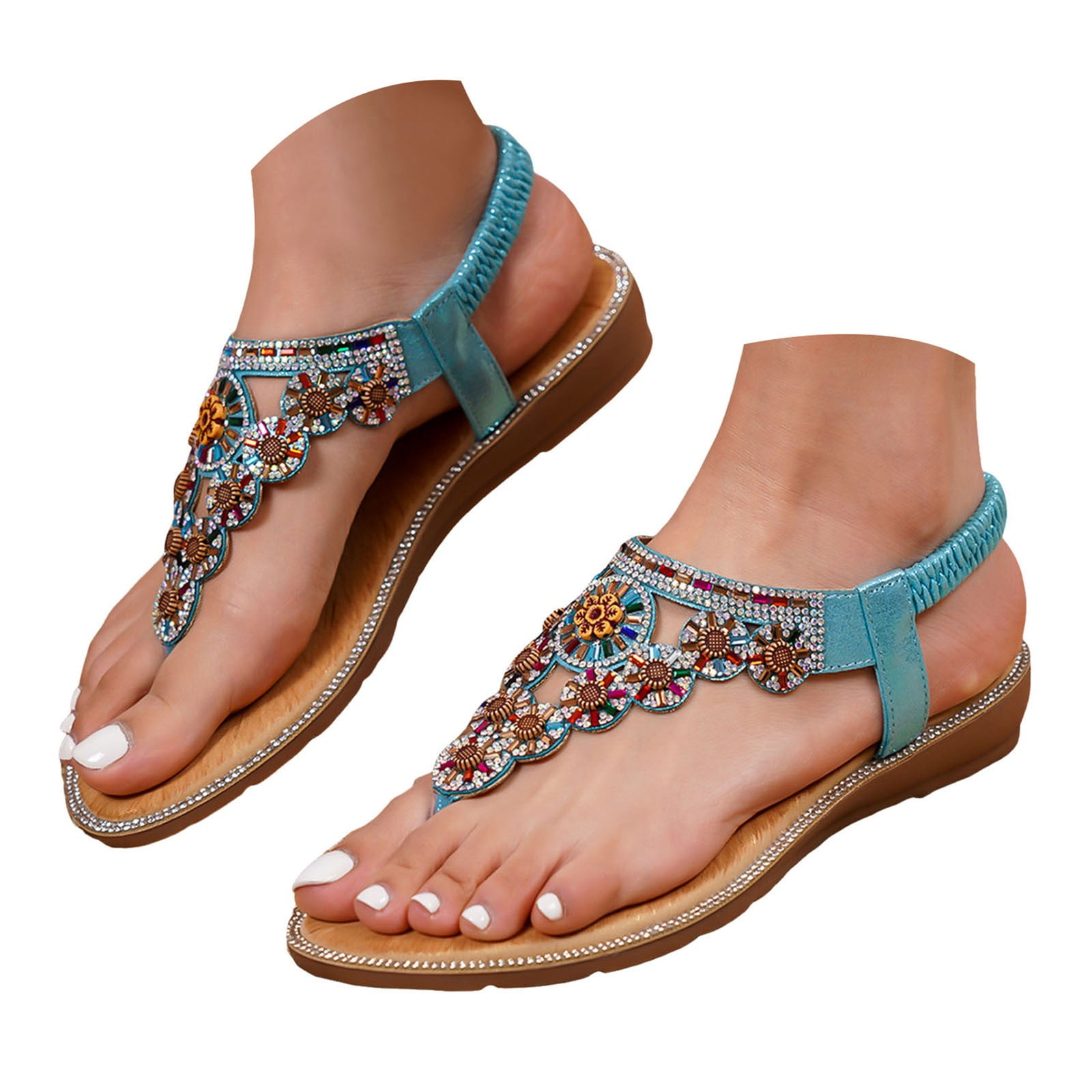 Dakaela Flat Sandals for Women 2025 Rhinestone Ankle Elastic Strap ...