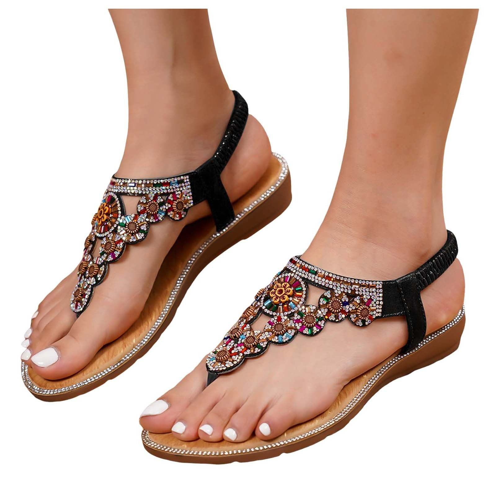 Dakaela Flat Sandals for Women 2025 Rhinestone Ankle Elastic Strap ...