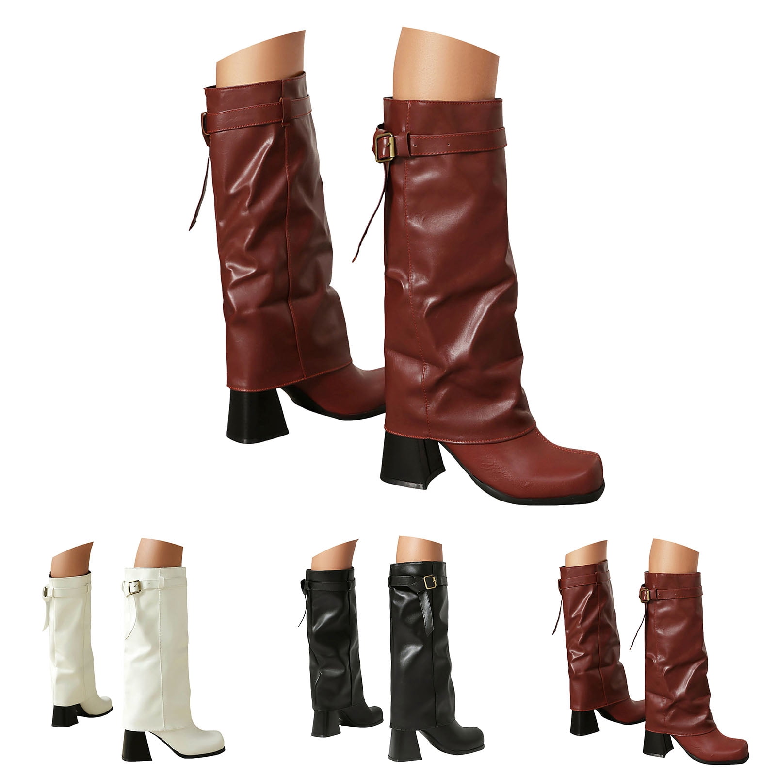 Dakaela Fold Over Boots Women's Knee High Riding Boots Buckle Chunky ...