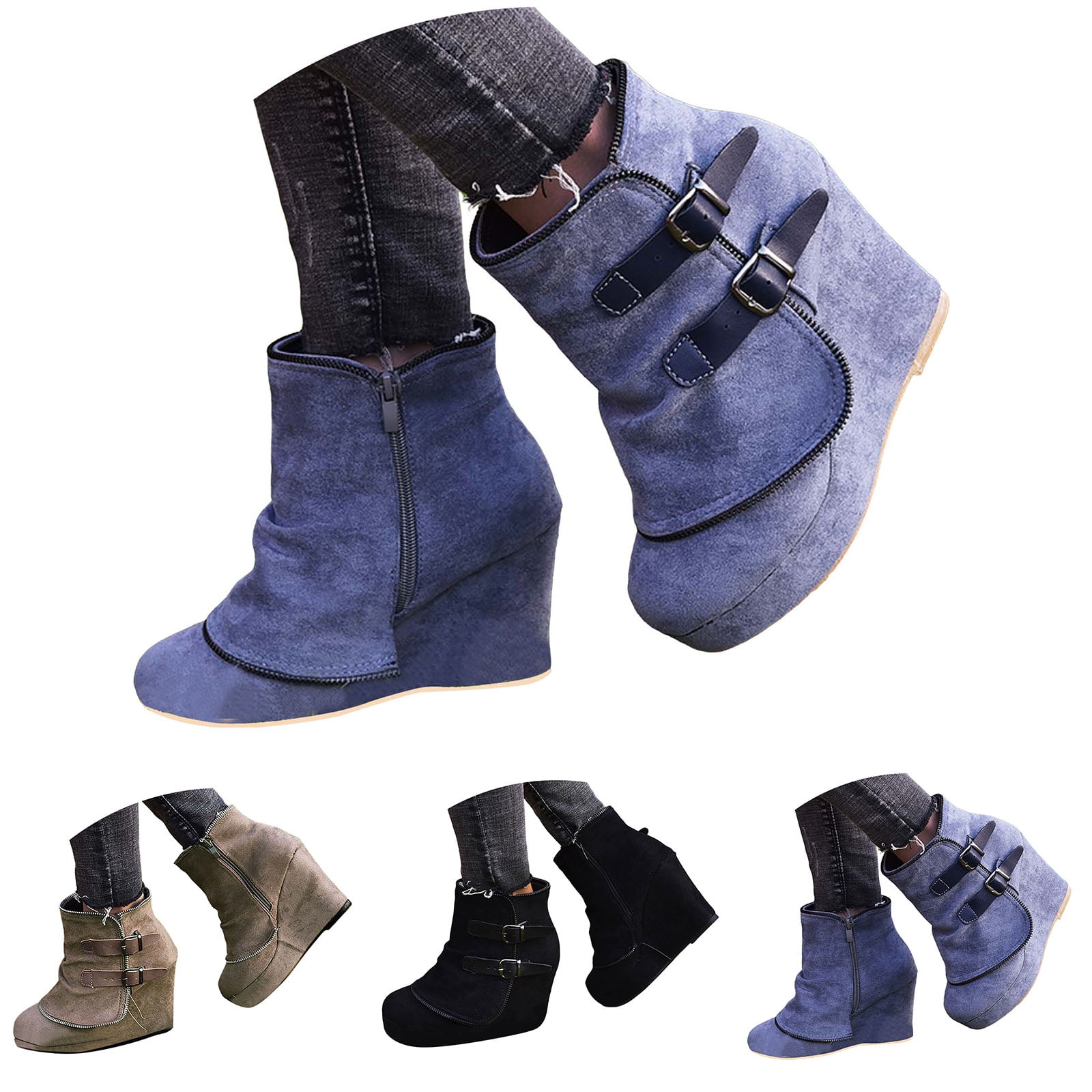 Dakaela Fold Over Boots Womens Suede Platform Wedge Slouchy Ankle Boot ...