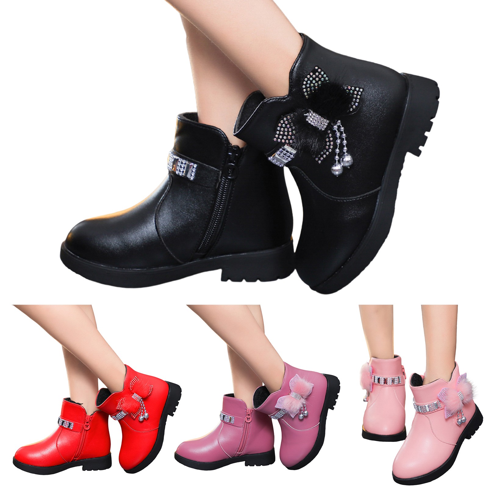 Dakaela Girls Ankle Boots Kids Bow Knot Chelsea Dress Booties Leather ...