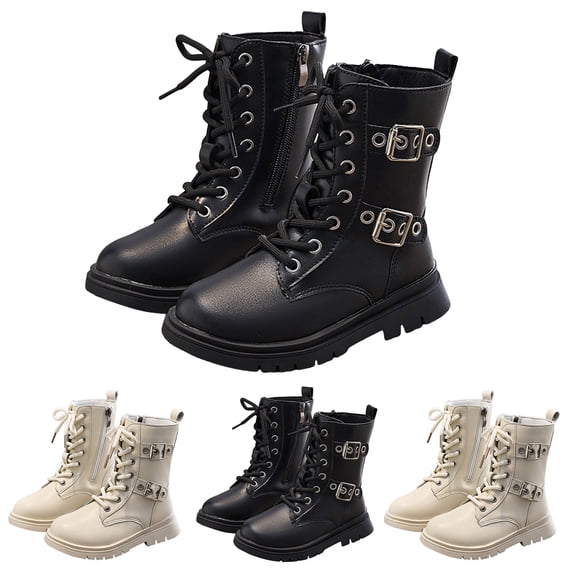 Dakaela Girls Combat Boots Kids Buckles Side Zipper Punk Goth Ankle ...