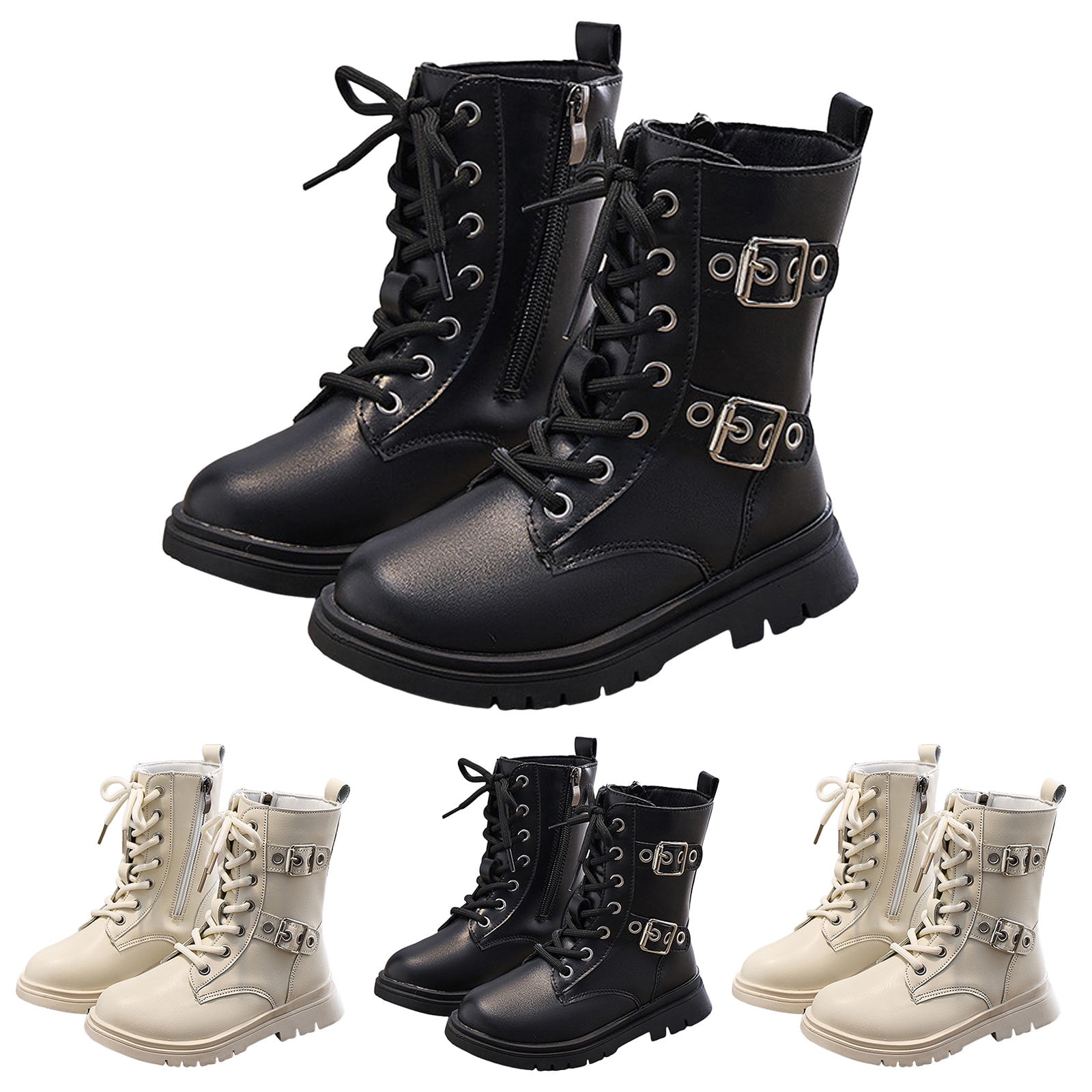 Dakaela Girls Combat Boots Kids Buckles Side Zipper Punk Goth Ankle ...