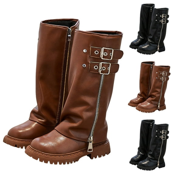 Dakaela Girls Knee High Boots Buckles Fold Over Kids Long Boots Wide ...