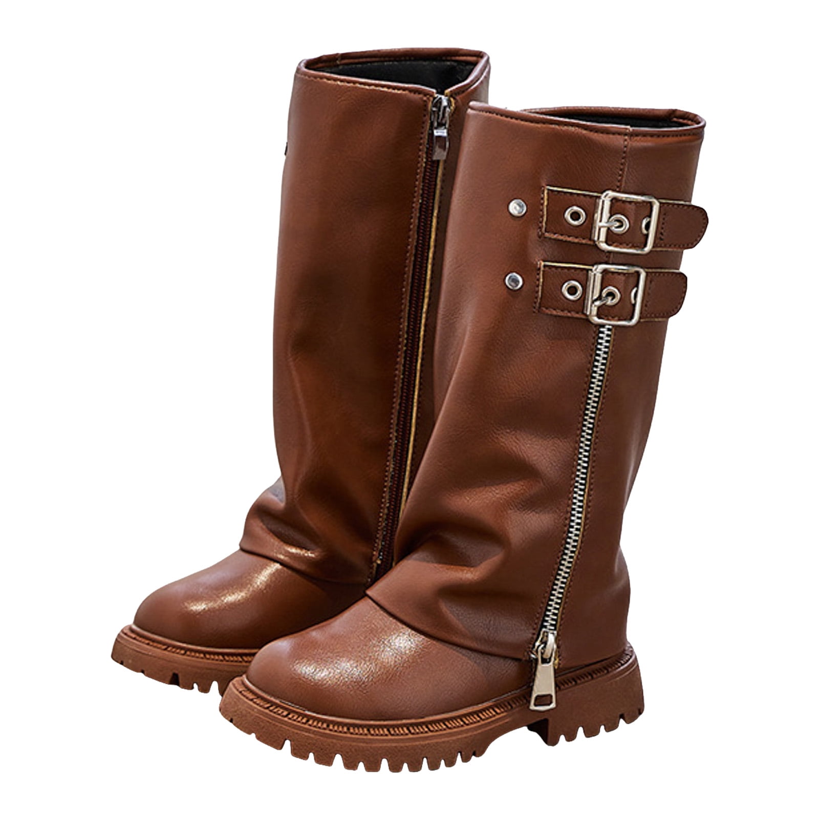 Dakaela Girls Knee High Boots Buckles Fold Over Kids Long Boots Wide ...