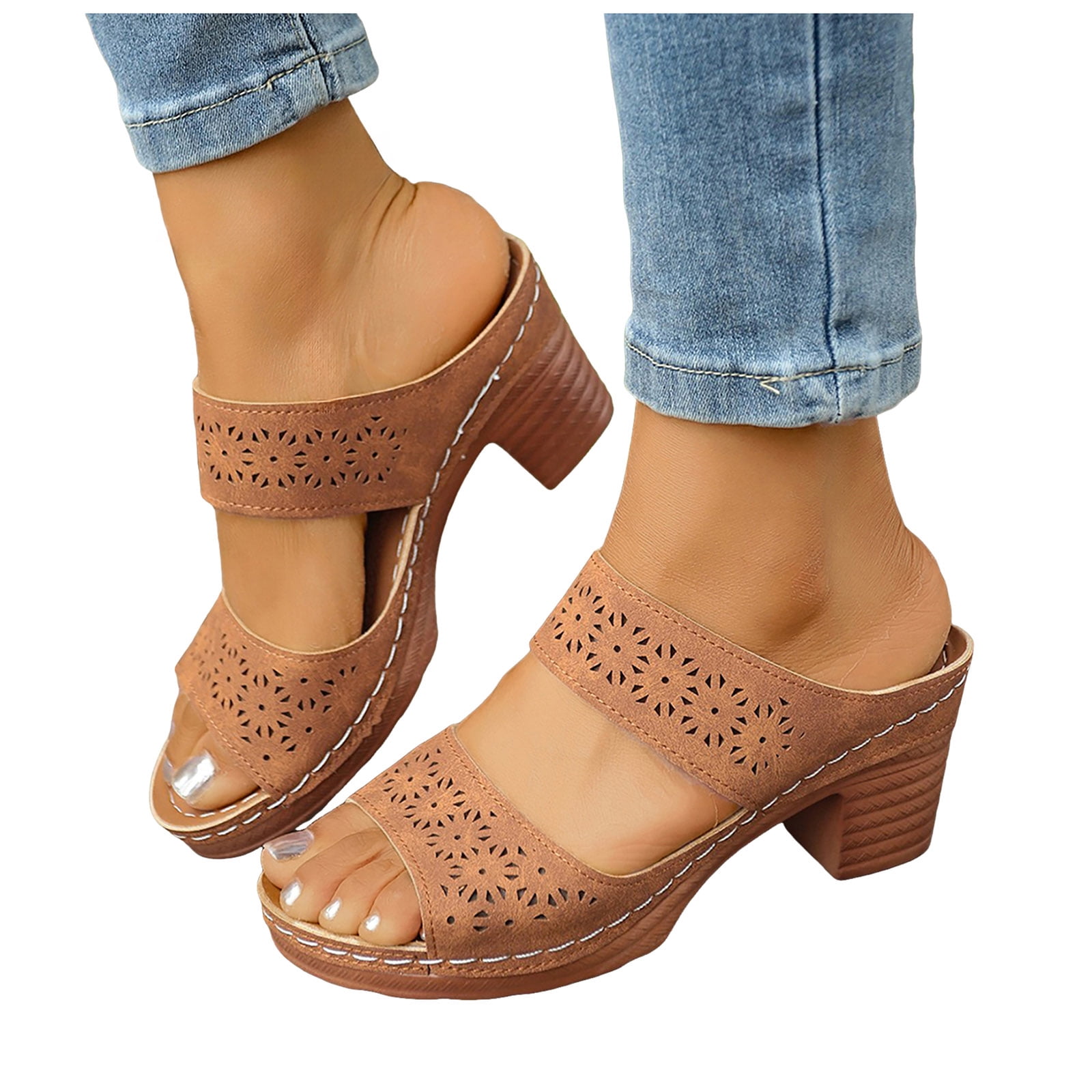 Dakaela Heeled Sandals for Women Low Block Chunky Heels Open Toe ...