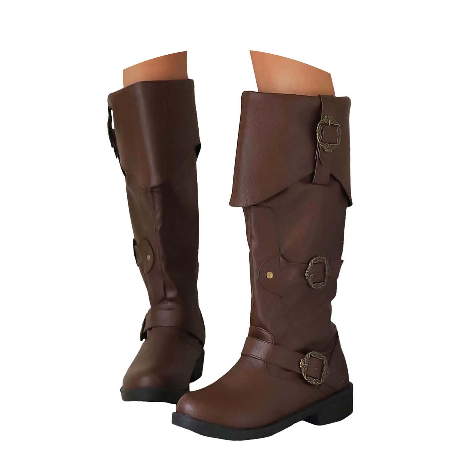 Dakaela Knee High Boots Round Toe Pull On Wide Calf Riding Biker Boot ...