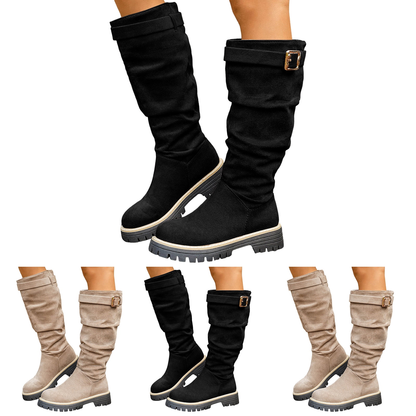 Dakaela Knee High Boots Women Chunky Low Heel Wide Calf Western Booties ...