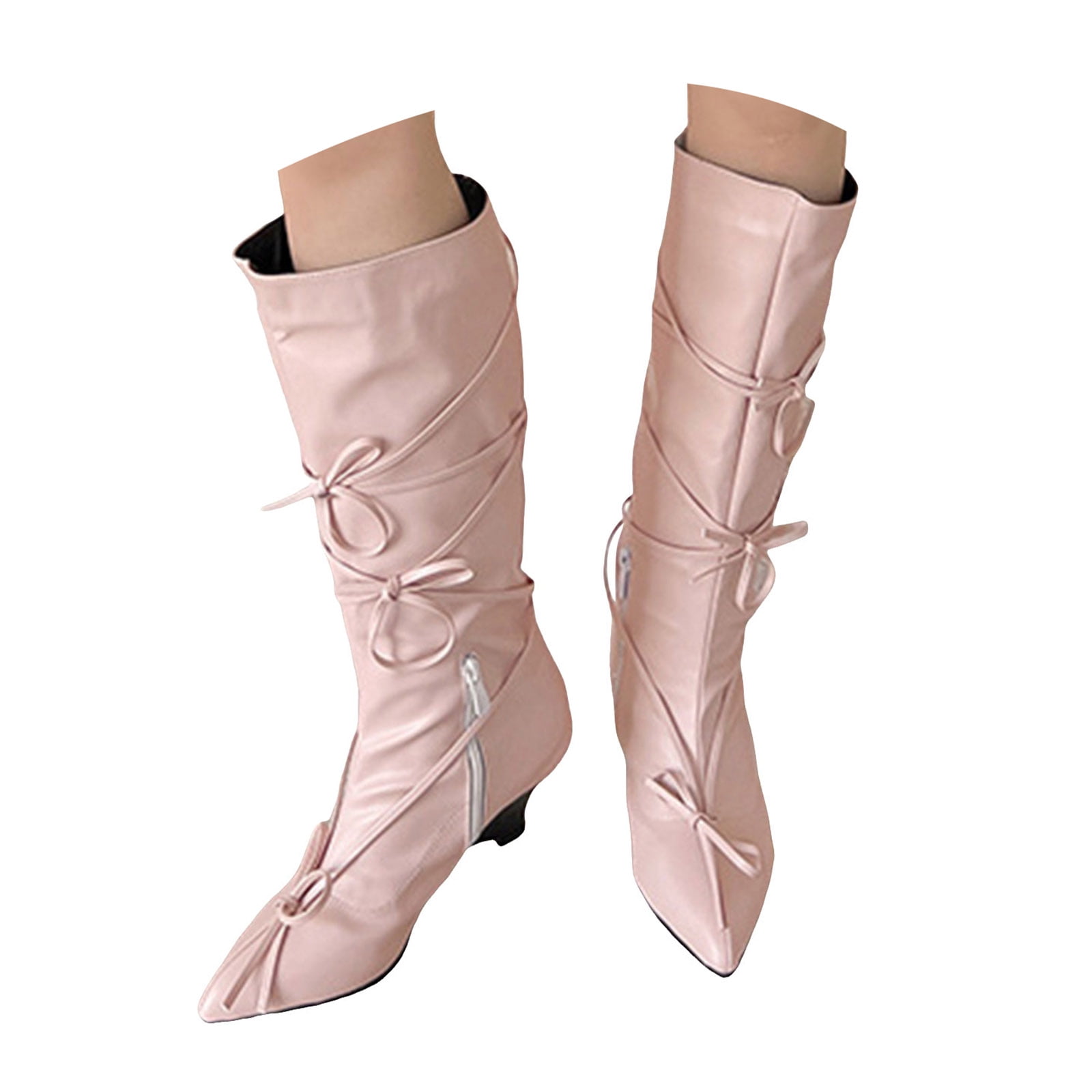 Dakaela Knee High Boots for Women Wedge Heel Bowknot Slouchy Tall Boot ...