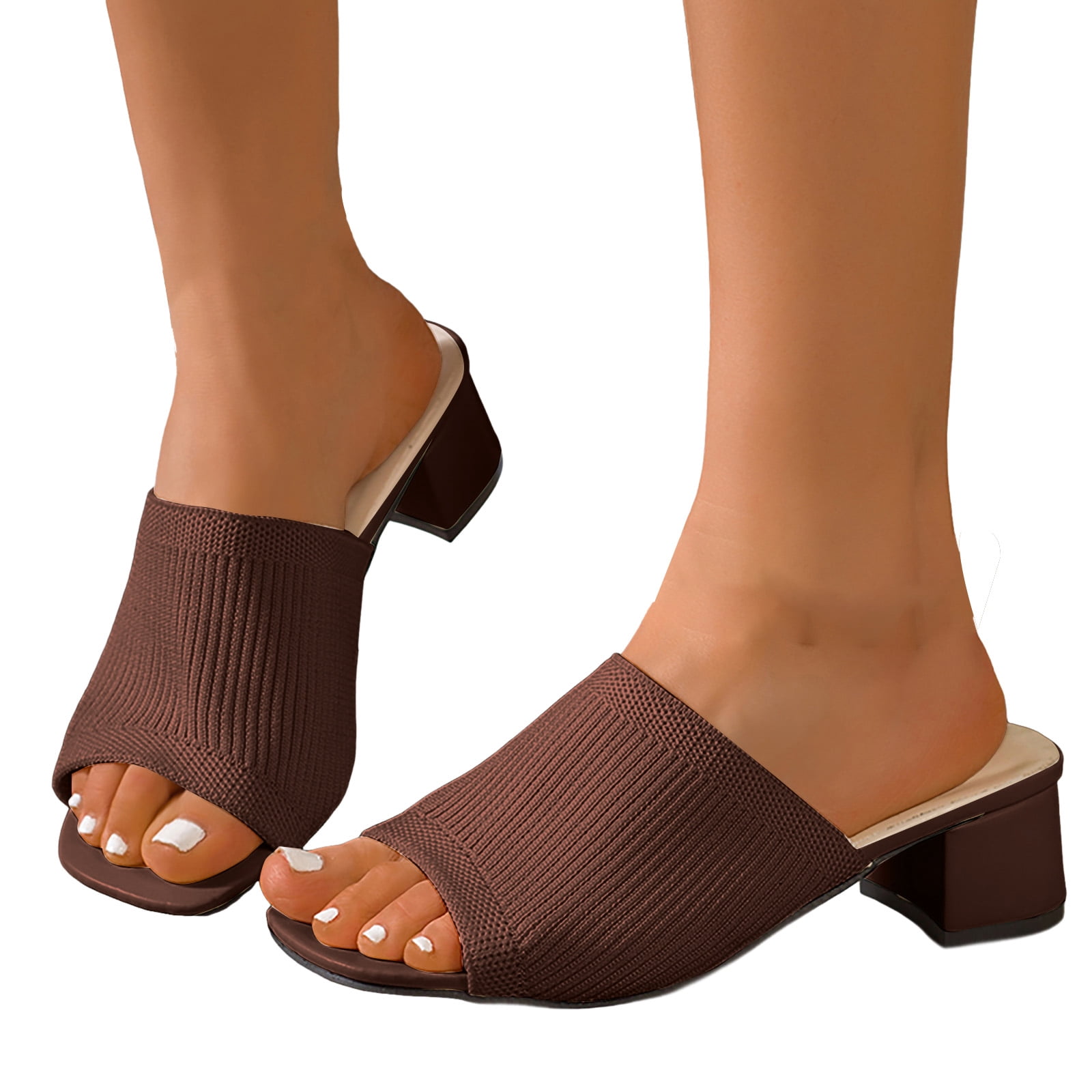 Dakaela Knit Heeled Sandals for Women Square Open Toe Low Chunky Heels ...
