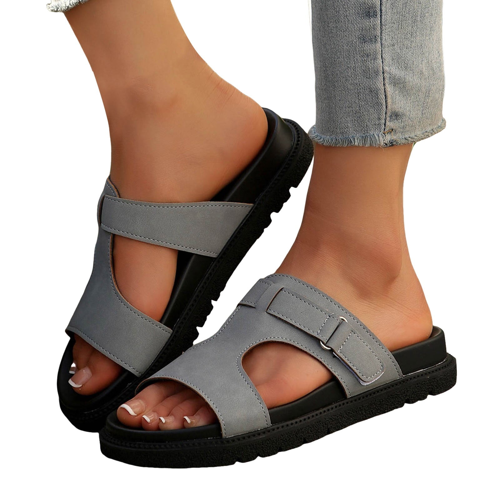 Dakaela Leather Flat Sandals for Women Memory Foam Summer Beach Slides ...