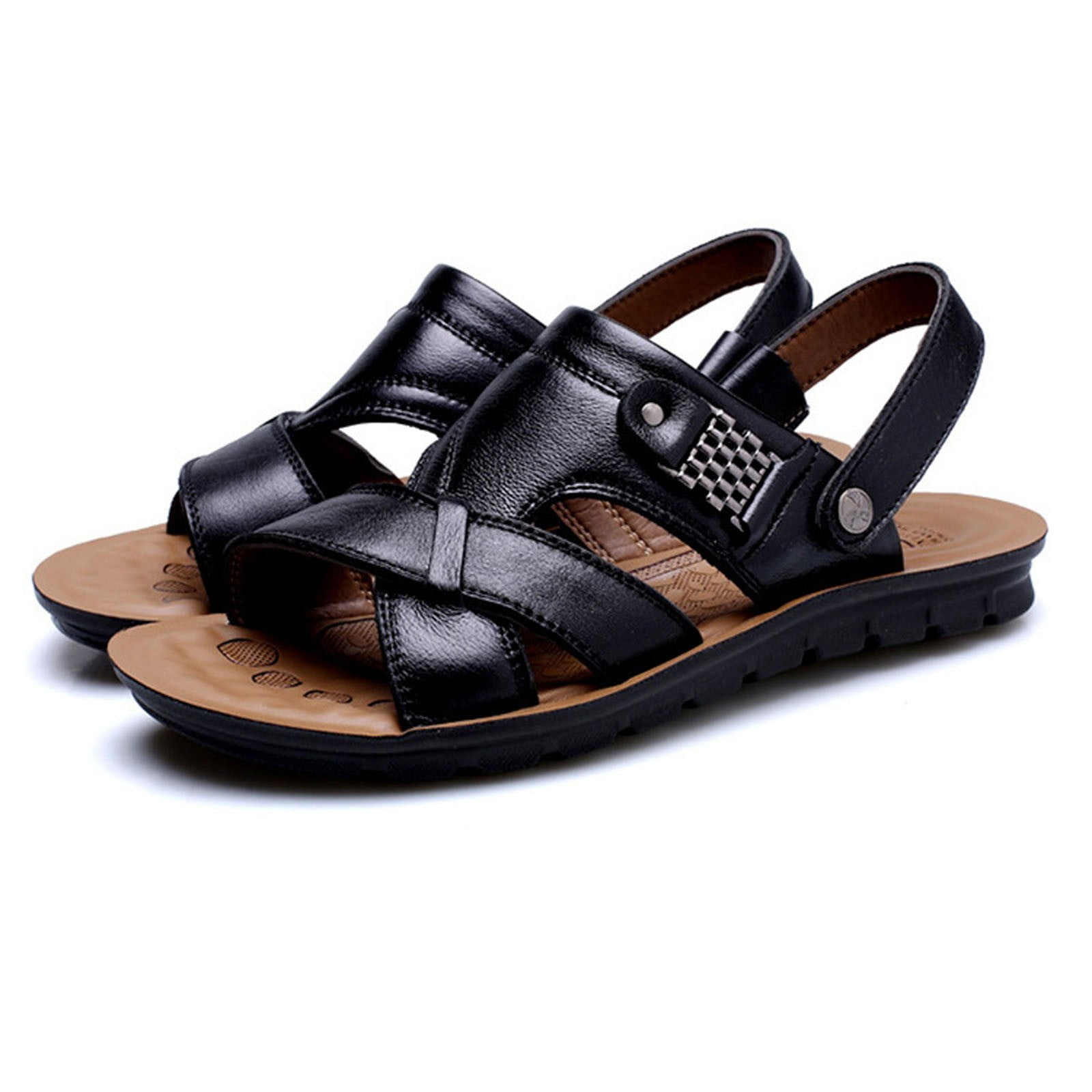 Dakaela Leather Sandals Mens Summer Beach Outdoor Shoes Adjustable Strap Walking Flat Sandal ...