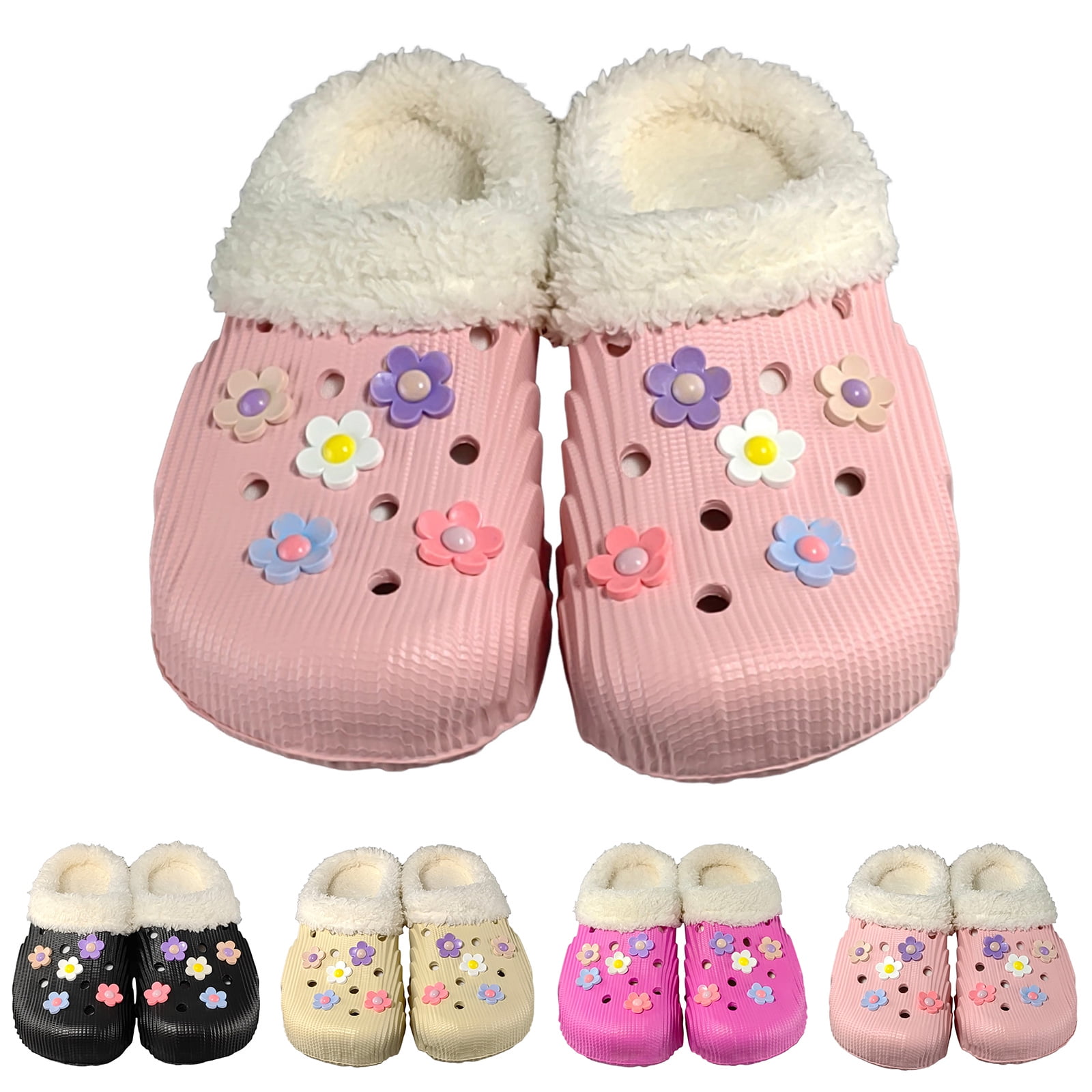 Dakaela Lined Clogs for Women Winter Warm Plush House Slippers Flower ...