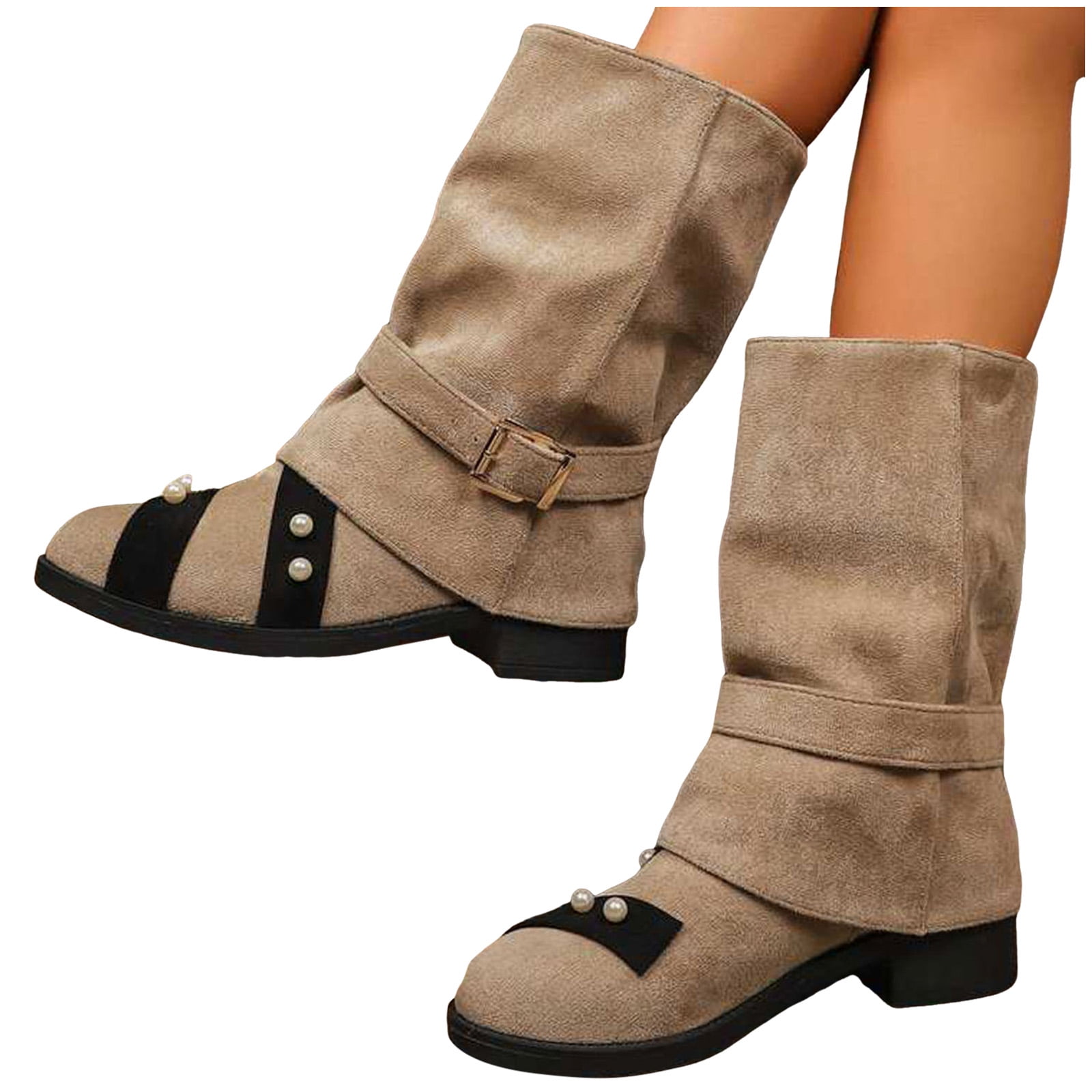 Dakaela Mid Calf Boots for Women Slouch Fold Over Riding Booties Zipper ...