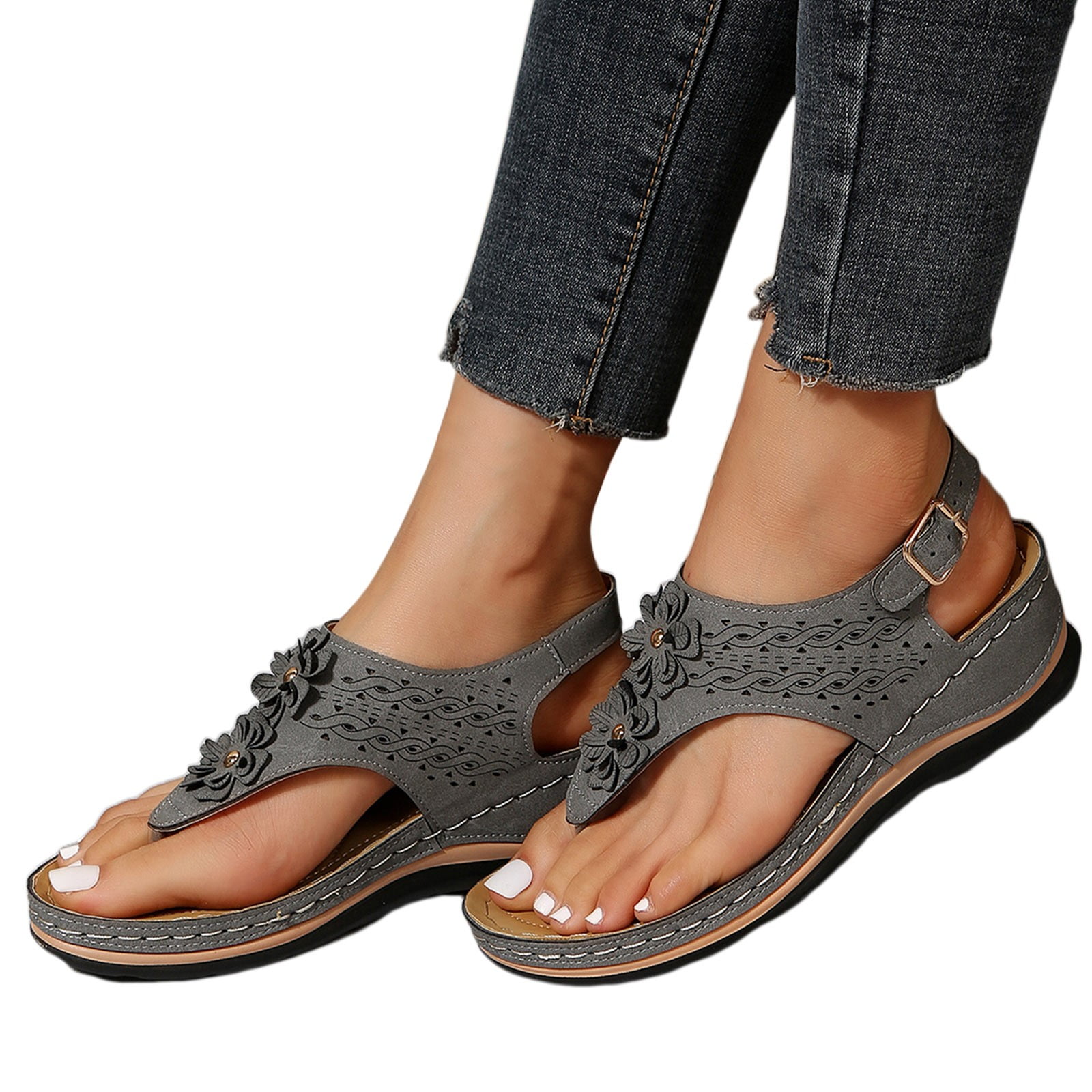 Dakaela Orthopedic Flip Flops for Women Ankle Buckle Low Wedge Sandals ...