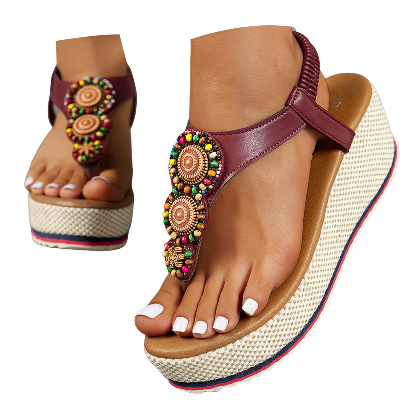 Dakaela Platform Bohemian Flip Flop for Women Elastic Ankle Strap Wide ...