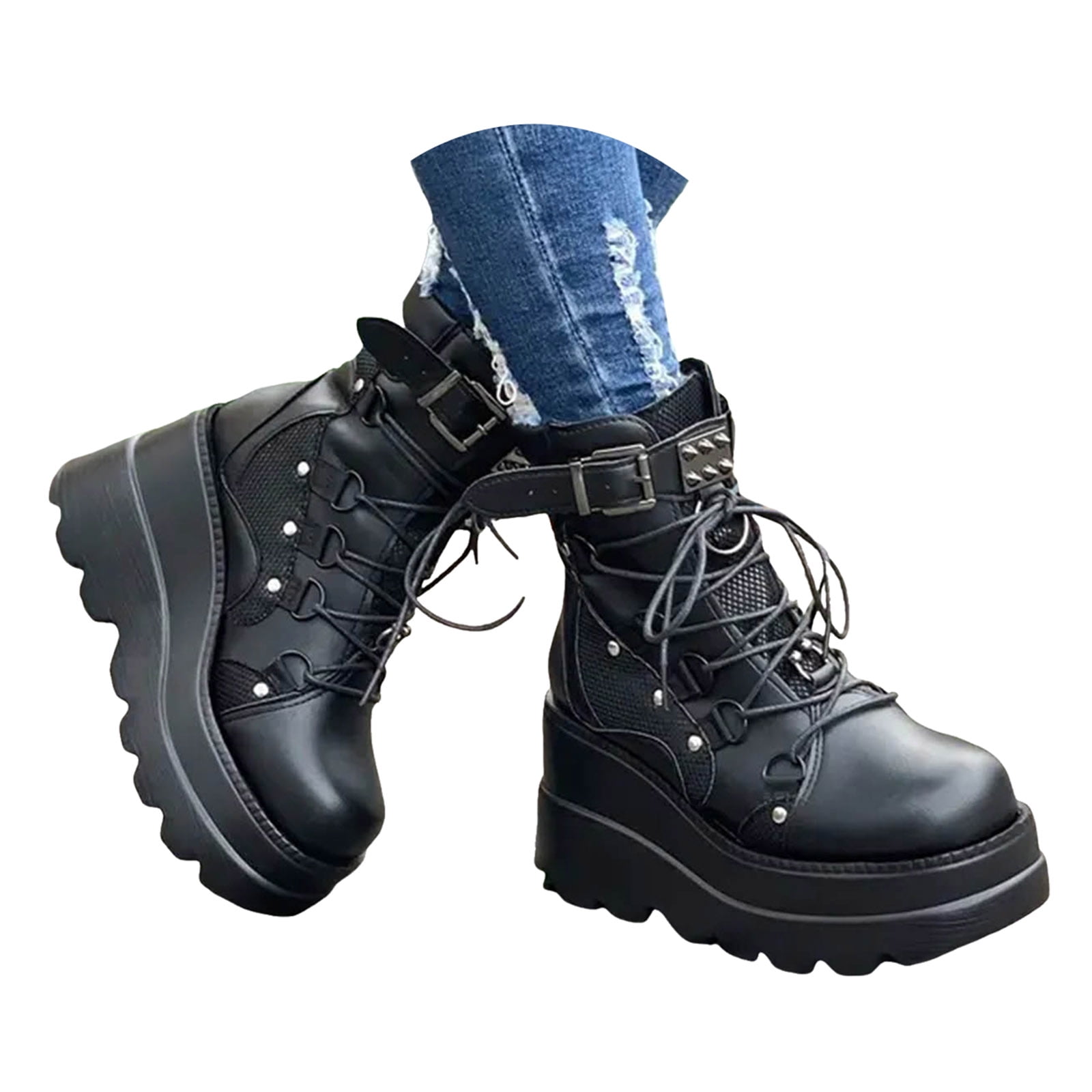 Dakaela Platform Boots for Women Goth Round Toe Chunky Wedge Combat ...