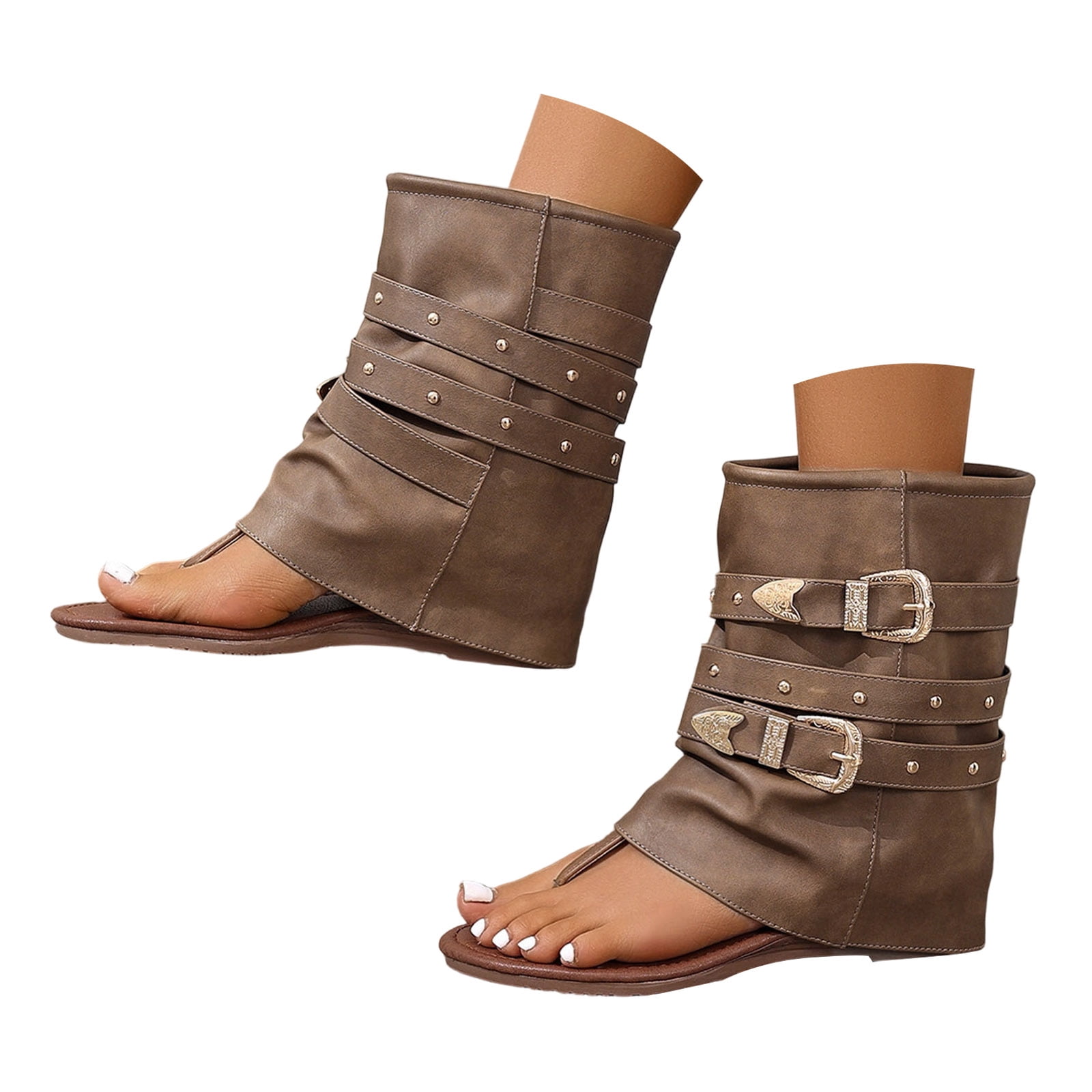 Dakaela Retro Leather Flip Flop for Women Fold Over Western Wedge Thong ...