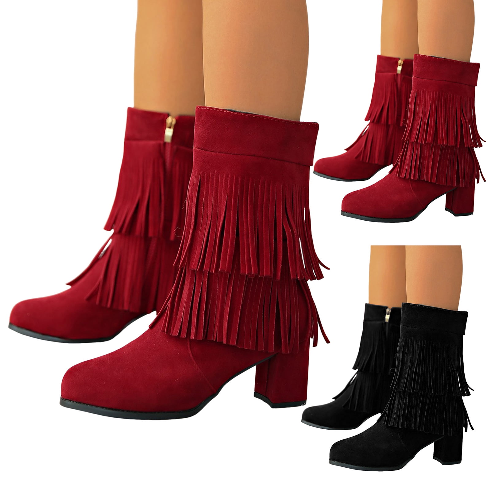 Dakaela Suede Tassel Ankle Boots for Women Fringe Western Wide Mid Calf ...