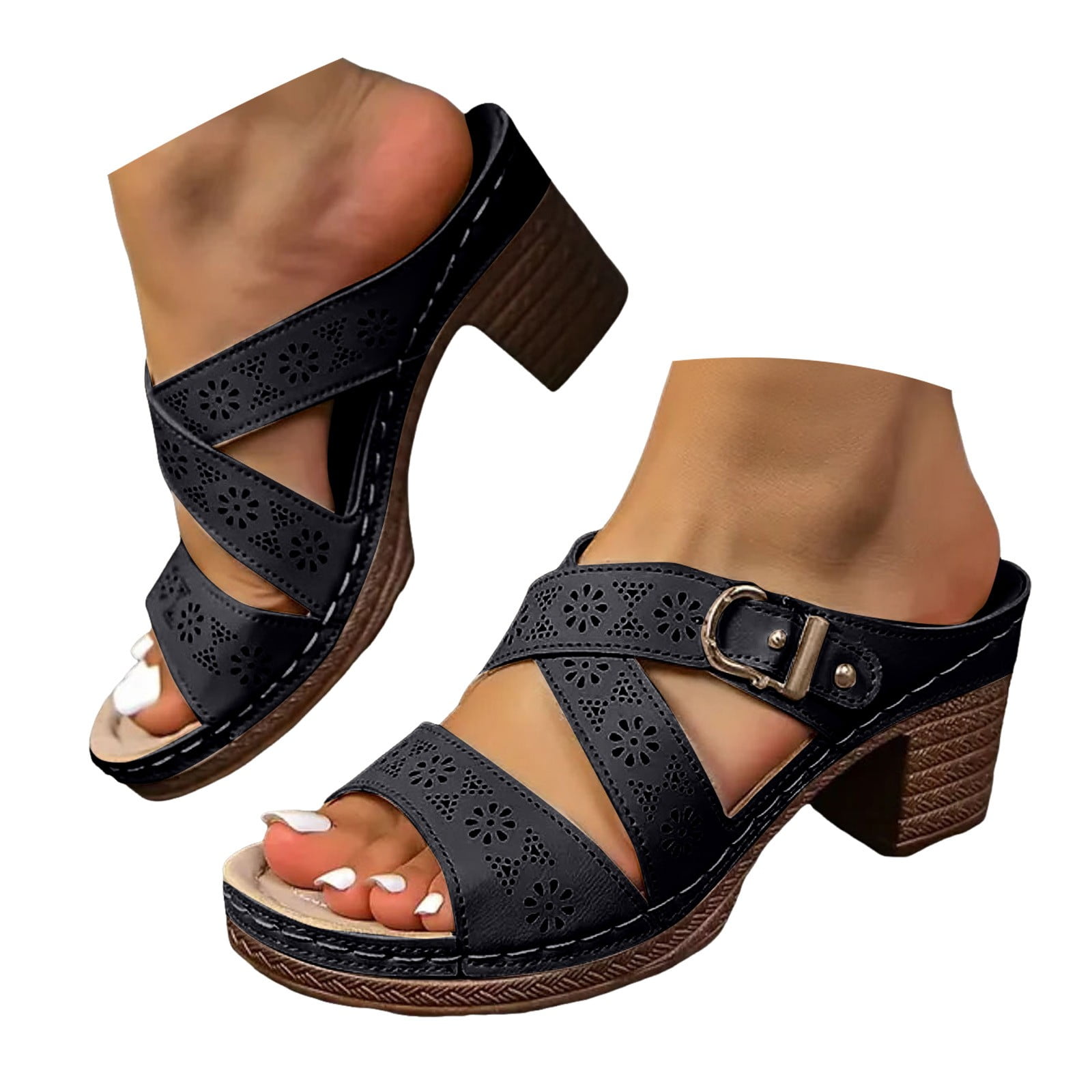 Dakaela Summer Sandals for Women Chunky Heel Leather Dress Pumps Arch ...