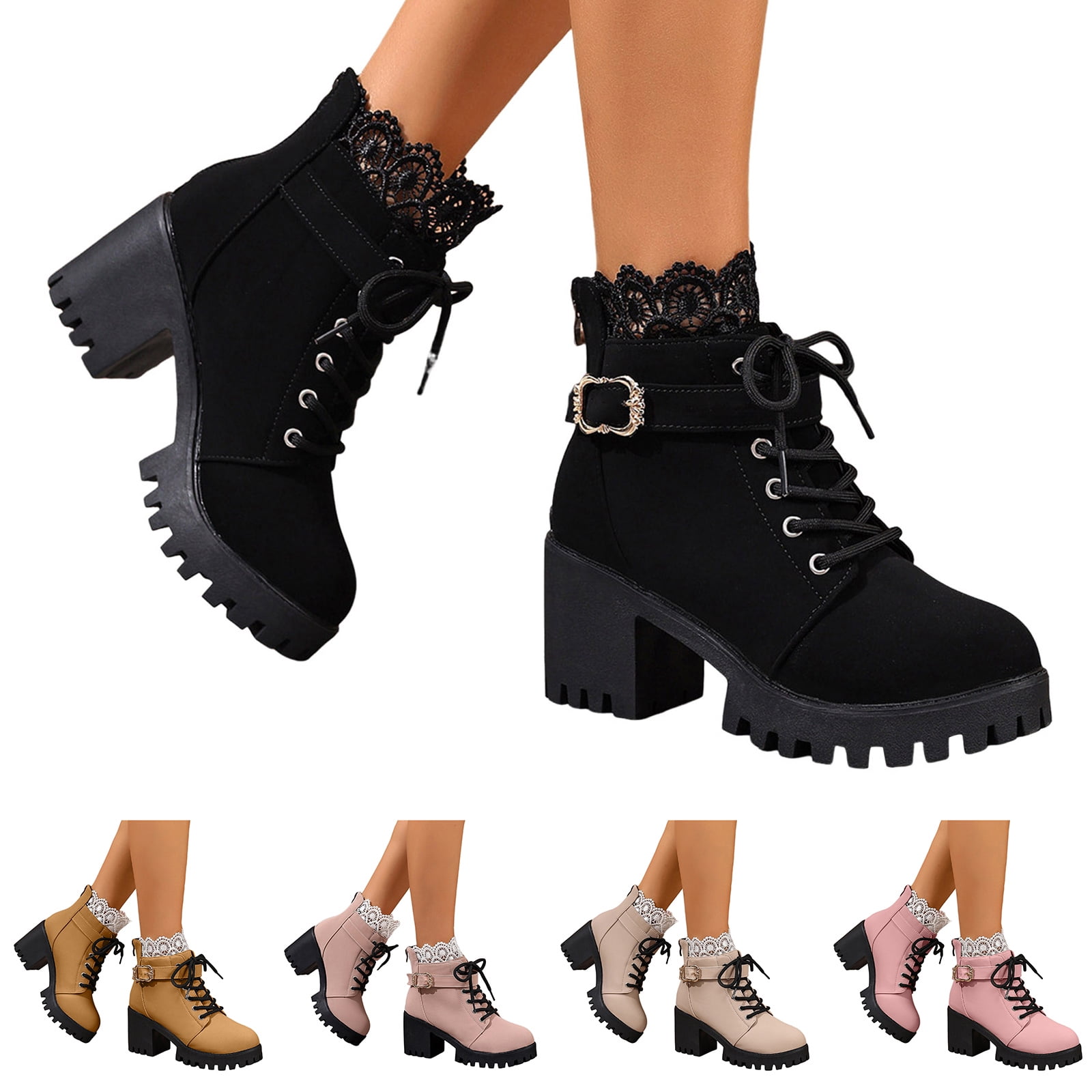 Dakaela Women Platform Fall Boots Chunky Heel Ankle Combat Booties Lace ...