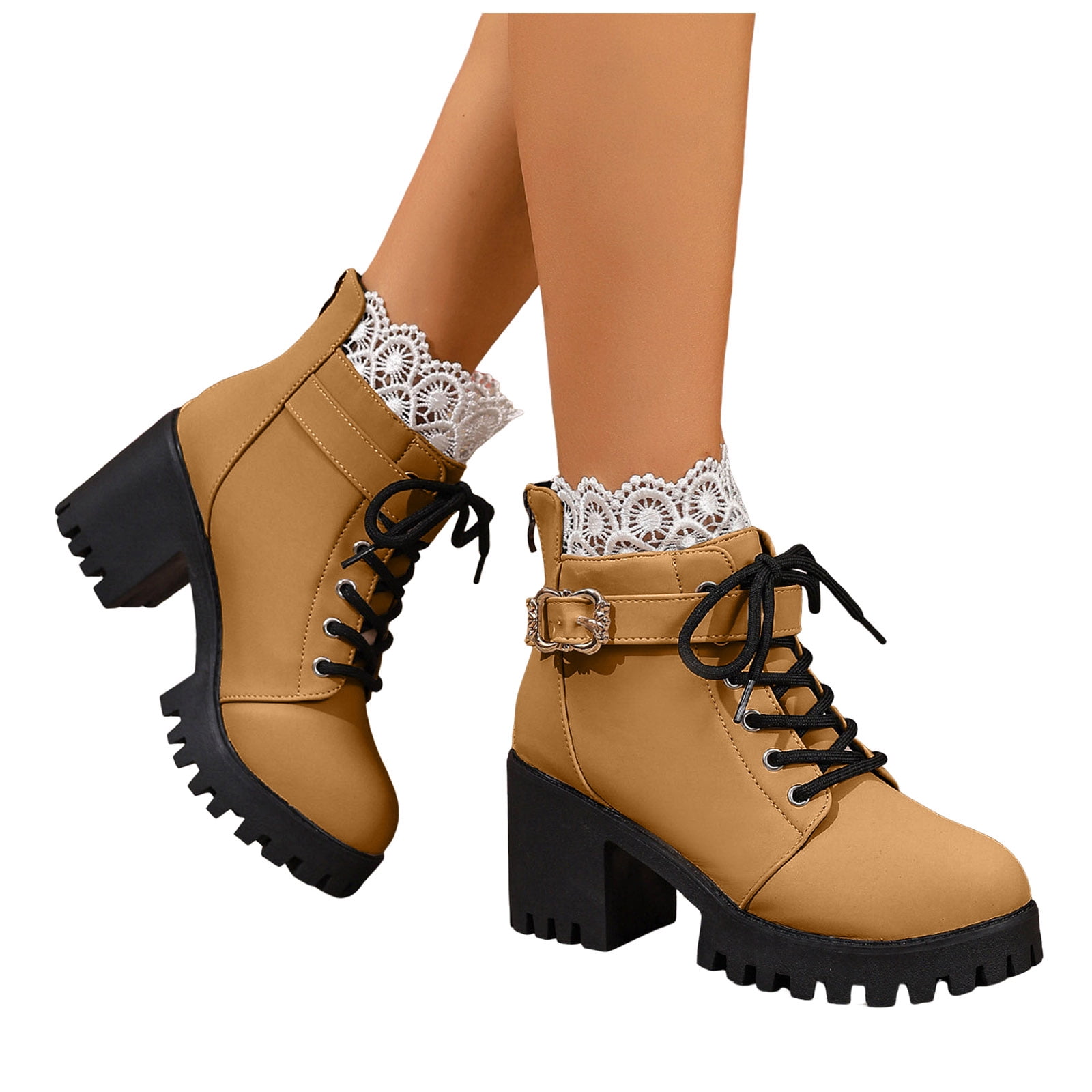Dakaela Women Platform Fall Boots Chunky Heel Ankle Combat Booties Lace ...