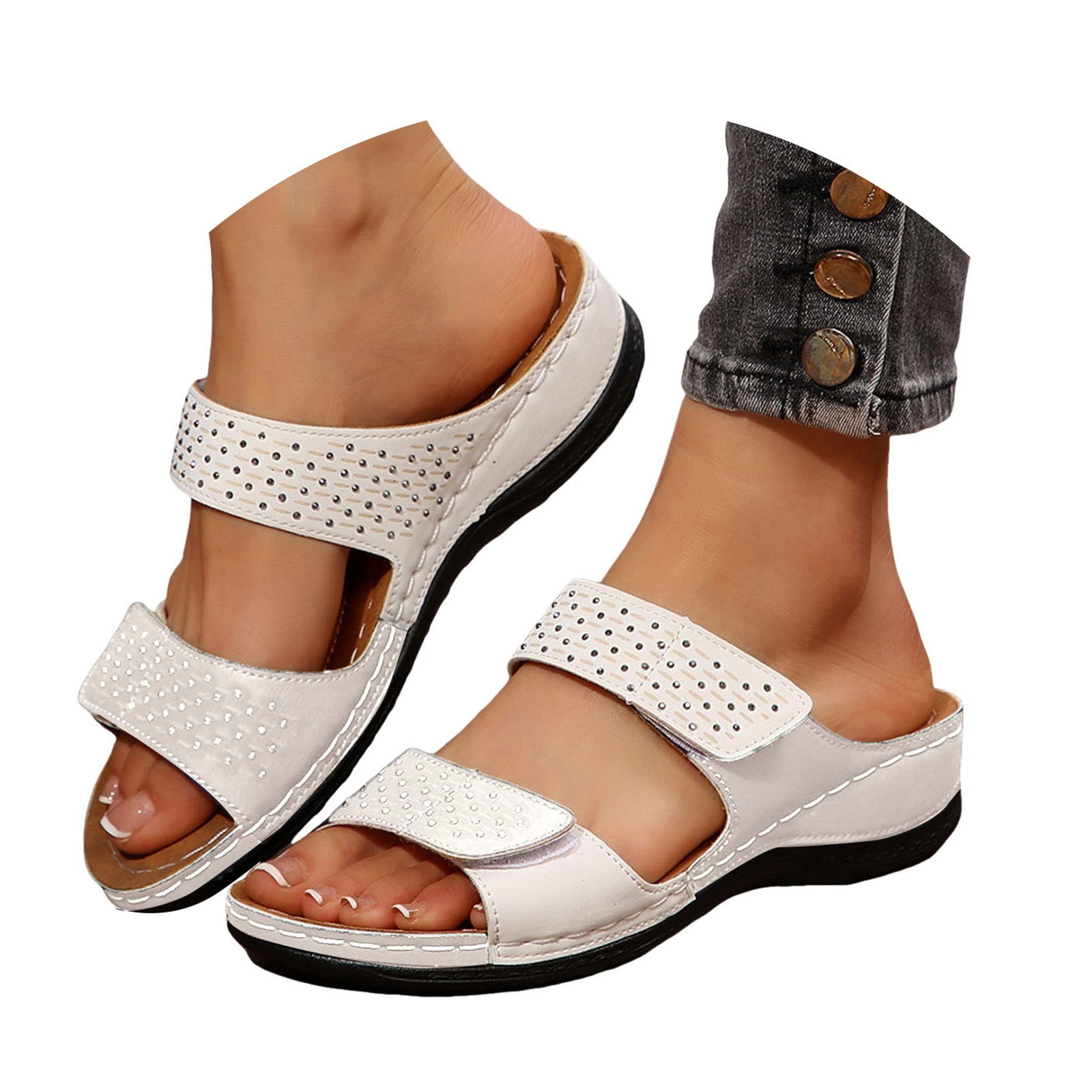 Dakaela Women Wedge Sandals Leather Arch Support Orthopedic Walking ...