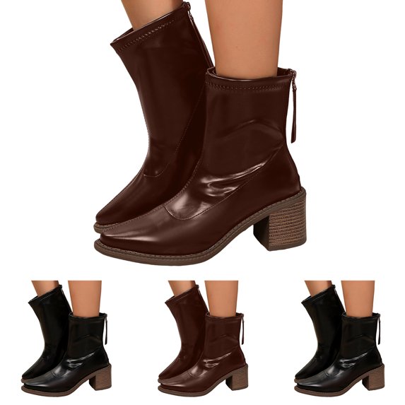 Dakaela Women's Ankle Boots Chunky Stacked Heel Mid Calf Heeled Booties ...