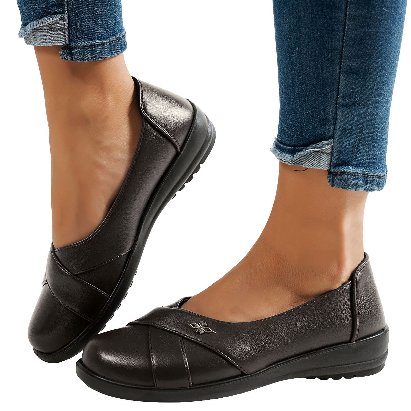 Dakaela Women's Casual Flat Shoes Low Wedge Leather Slip on Loafers ...