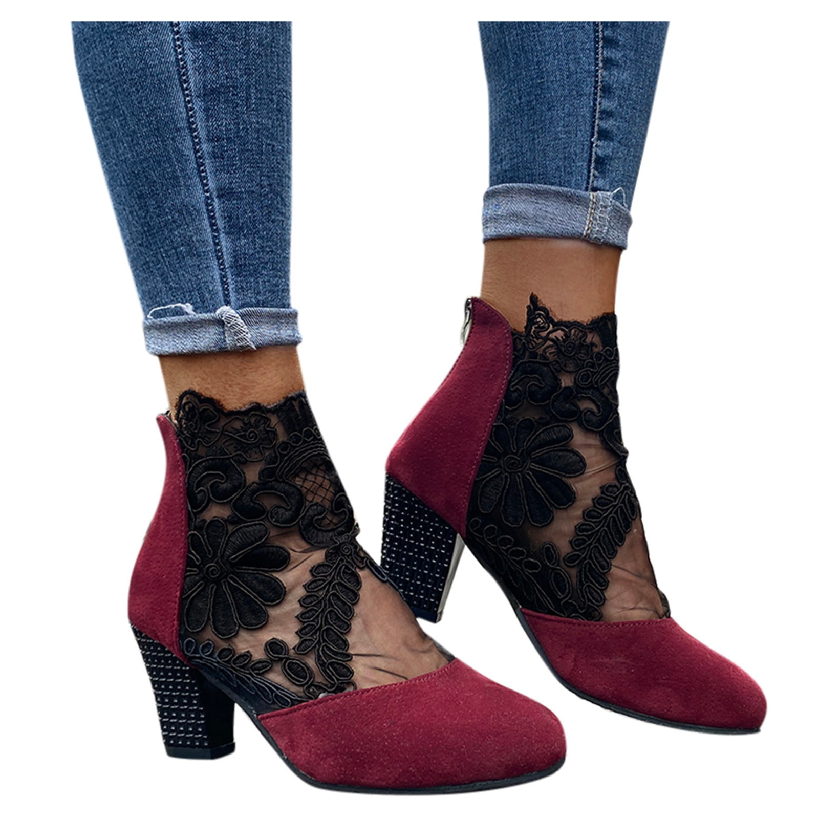 Dakaela Women's Ankle Boots Embroidery Dress Heels Pumps Closed Toe ...