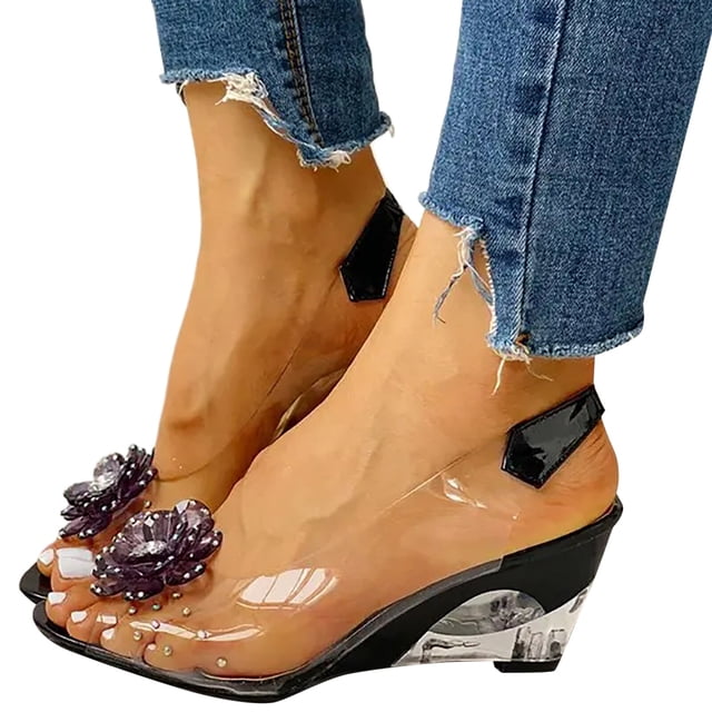 Dakaela Women's Clear Slingback Wedge Sandals Rhinestone Flower Peep ...