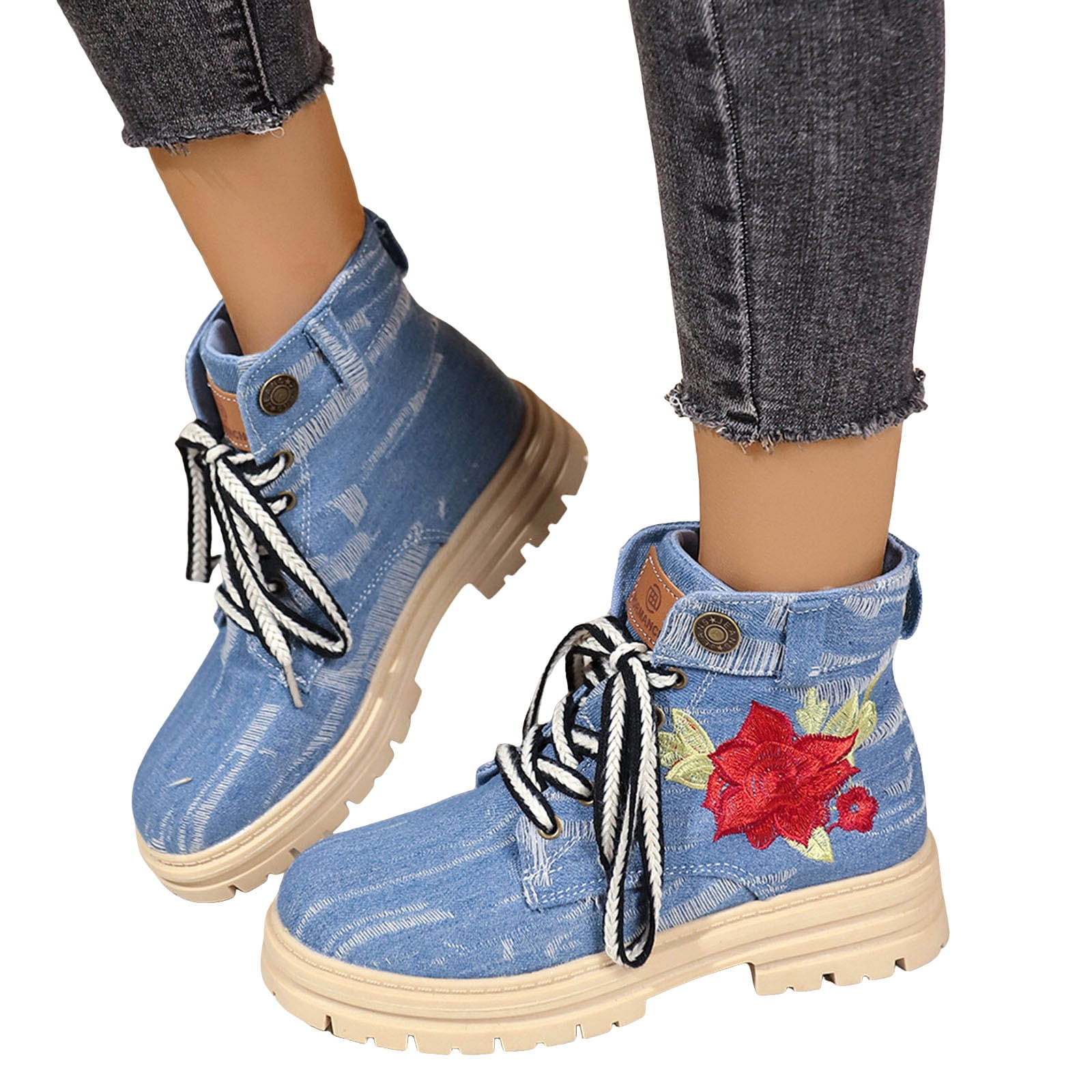 Dakaela Women's Combat Boots Lace up Denim Platform Hiking Ankle ...