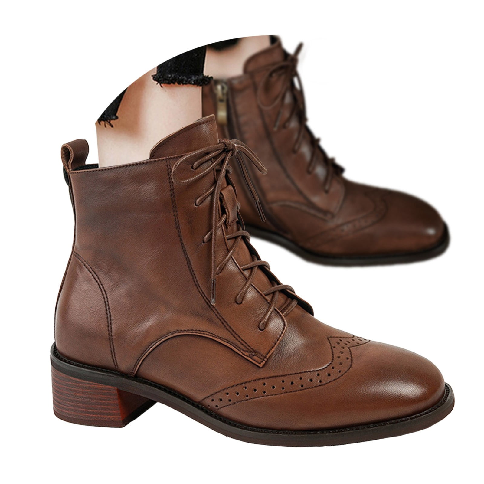 Dakaela Women's Combat Boots Lace up Low Heel Ankle Booties Leather ...