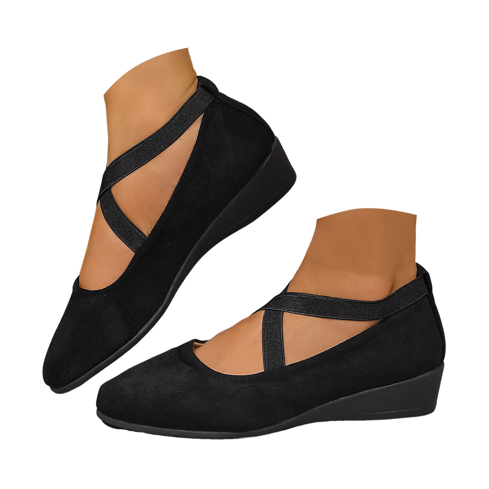 Dakaela Women's Dress Flats Ballet Low Wedge Round Toe Ankle Strap ...