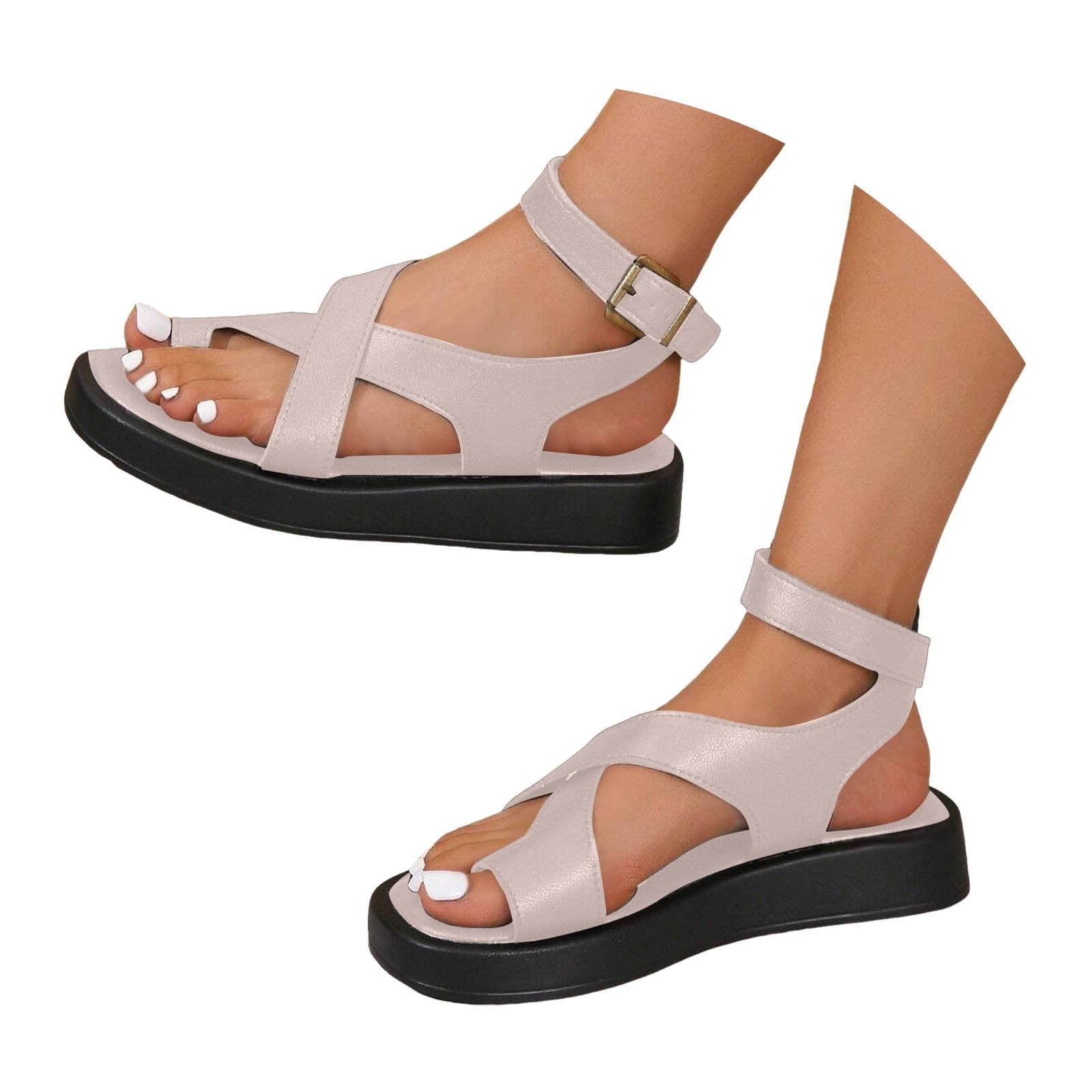 Dakaela Women's Flat Sandals Toe Ring Platform Walking Shoes Strappy ...
