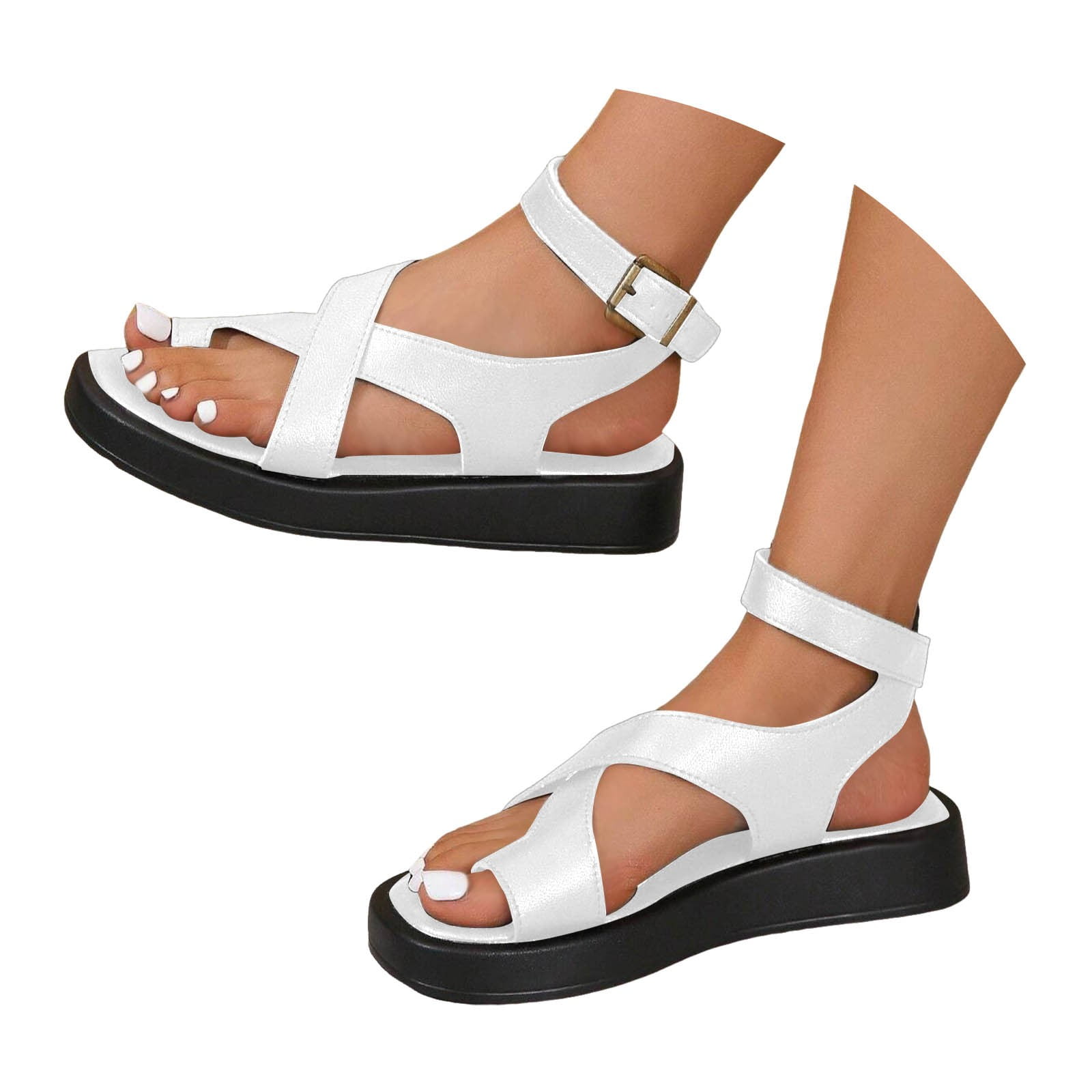 Dakaela Women's Flat Sandals Toe Ring Platform Walking Shoes Strappy ...