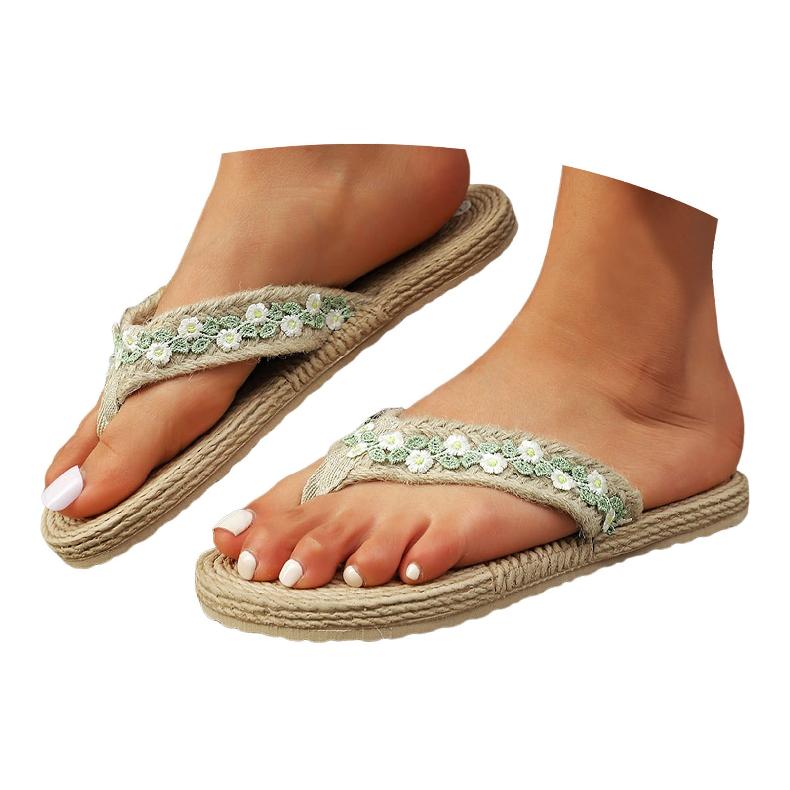 Dakaela Women's Floral Linen Flip Flops Open Toe Straw Summer Slippers ...