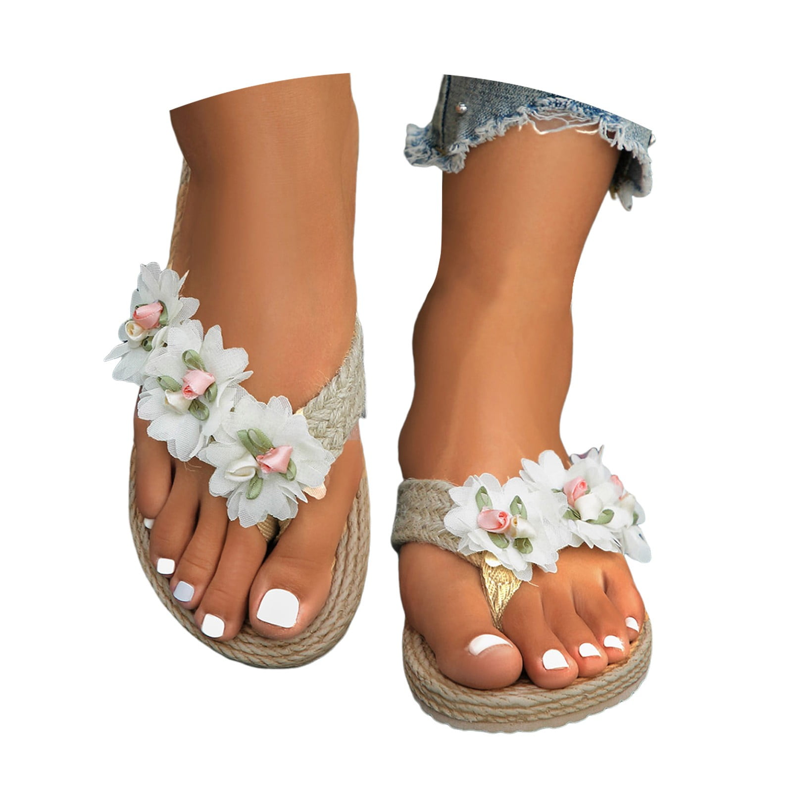 Dakaela Women's Floral Linen Flip Flops Open Toe Straw Summer Slippers ...