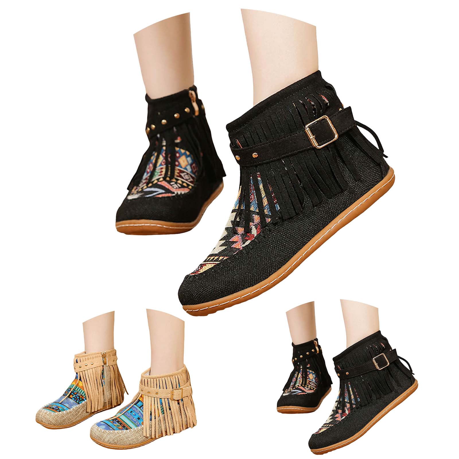 Dakaela Women's Fringe Western Cowgirl Boots Bohemian Cowboy Ankle ...