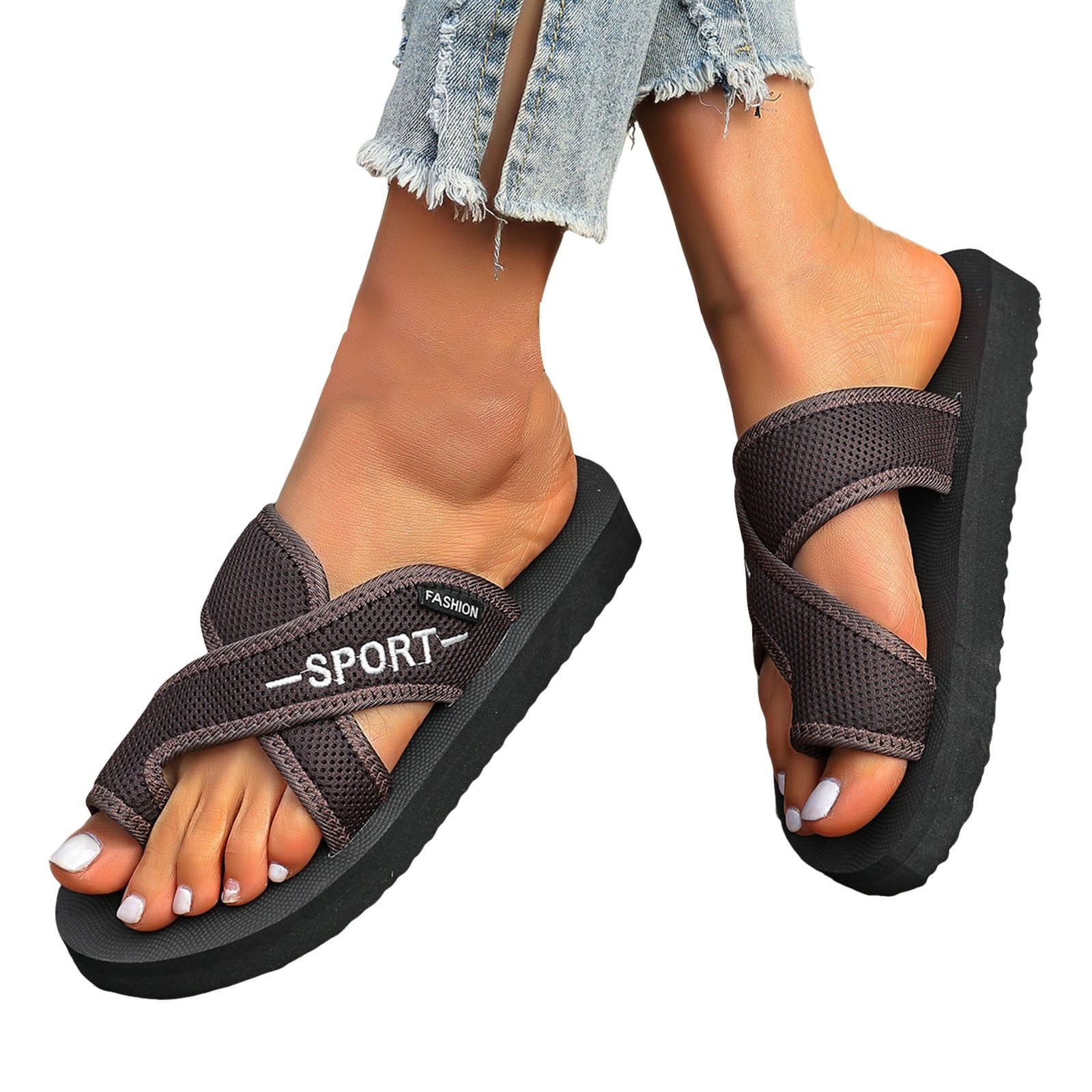 Dakaela Women's Hollow Mesh Slide Sandals Toe Loop Summer Beach Flip ...