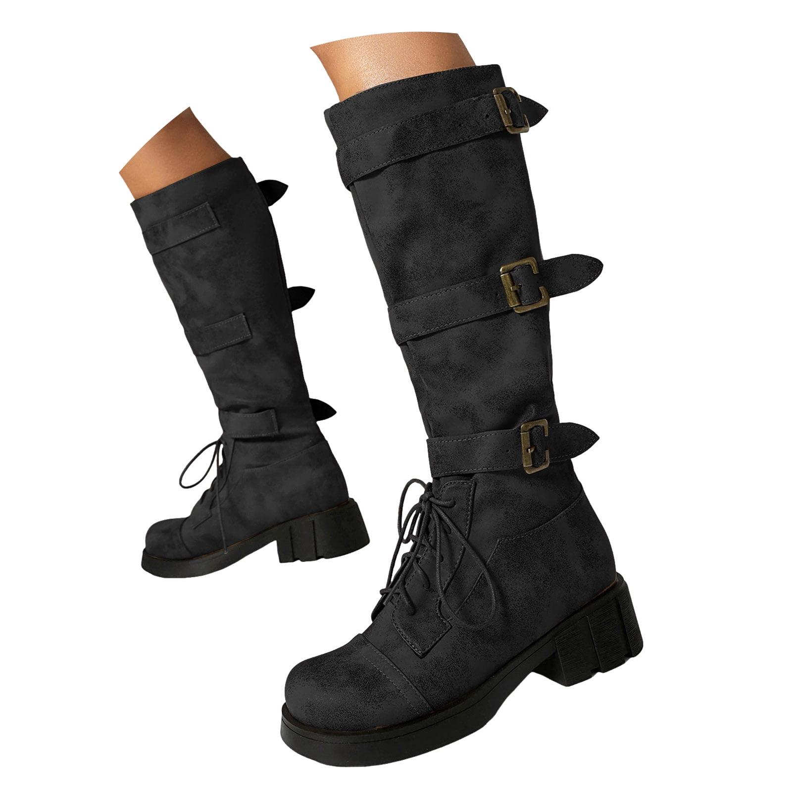 Dakaela Women's Knee High Boots Wide Calf Buckle Riding Boot Square Toe ...