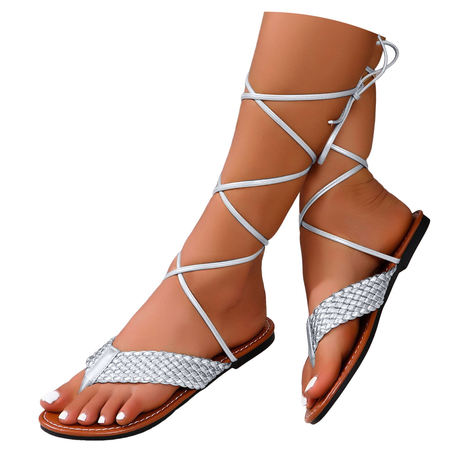 Dakaela Women's Lace up Gladiator Sandals Braided Strappy Flat Shoes Open Toe Summer Beach Flip ...