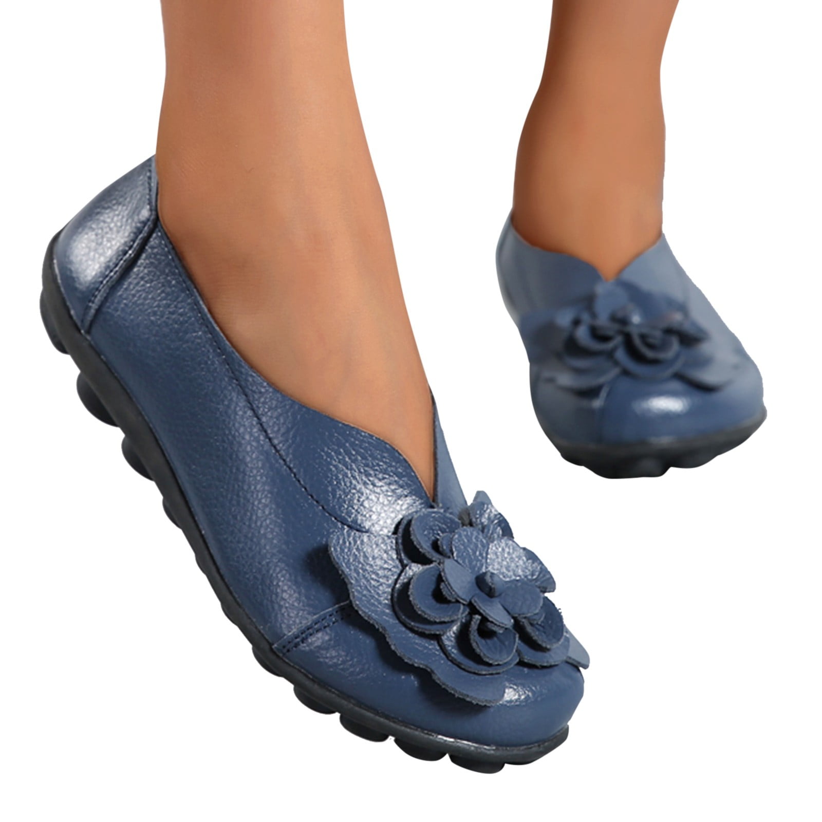 Dakaela Women's Leather Flowers Loafers Comfort Round Toe Slip on ...