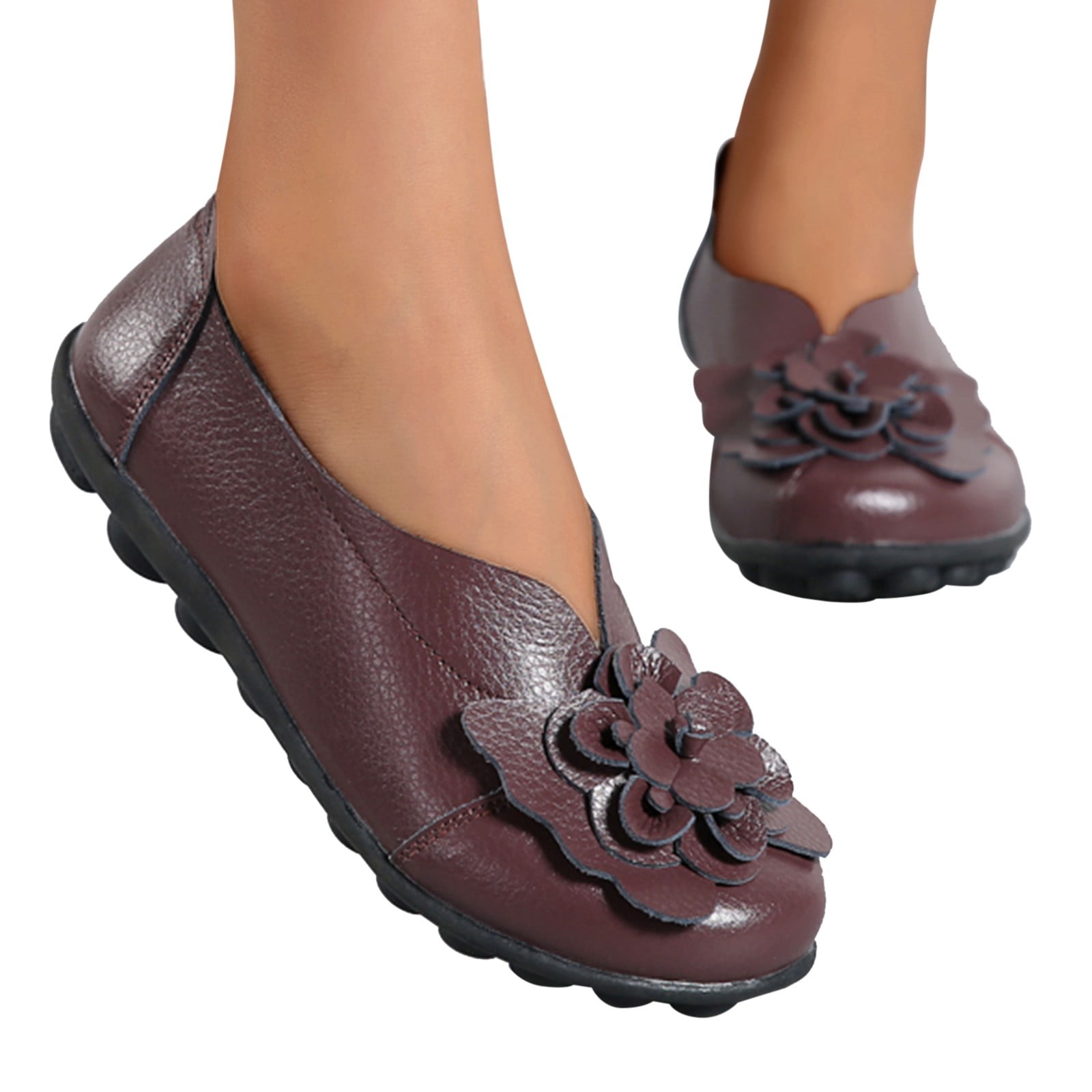 Dakaela Women's Leather Flowers Loafers Comfort Round Toe Slip on ...