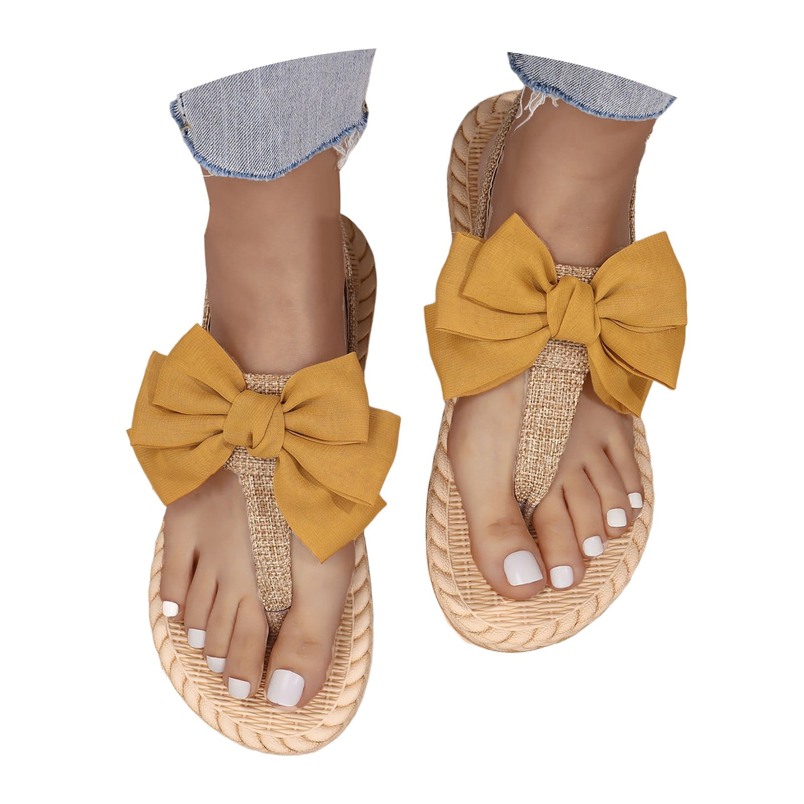 Dakaela Women's Linen Flip Flops Bow Beach Vacation Flat Sandals Casual ...